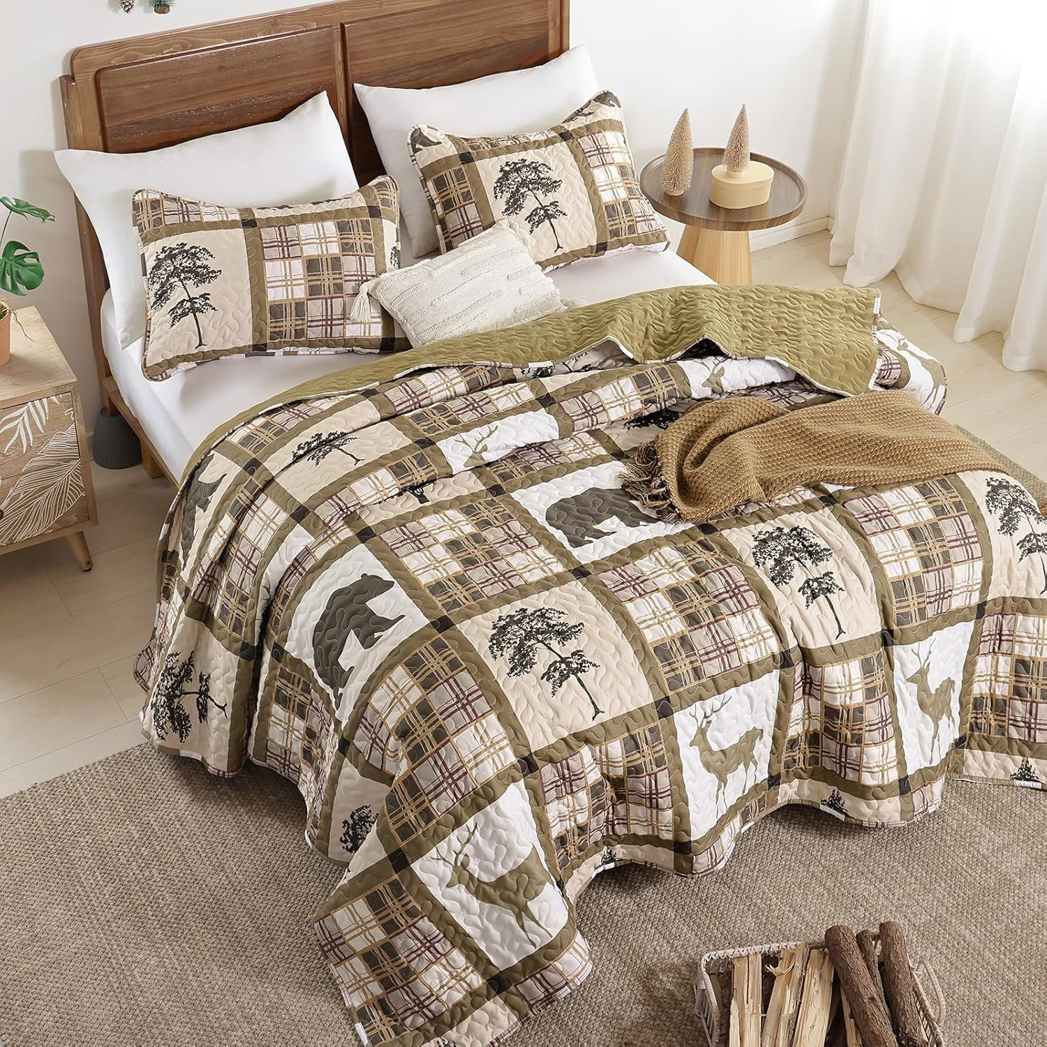 MEMOKY Quilt Plaid Patchwork Quilt Christmas Bear Reindeer Rustic ...