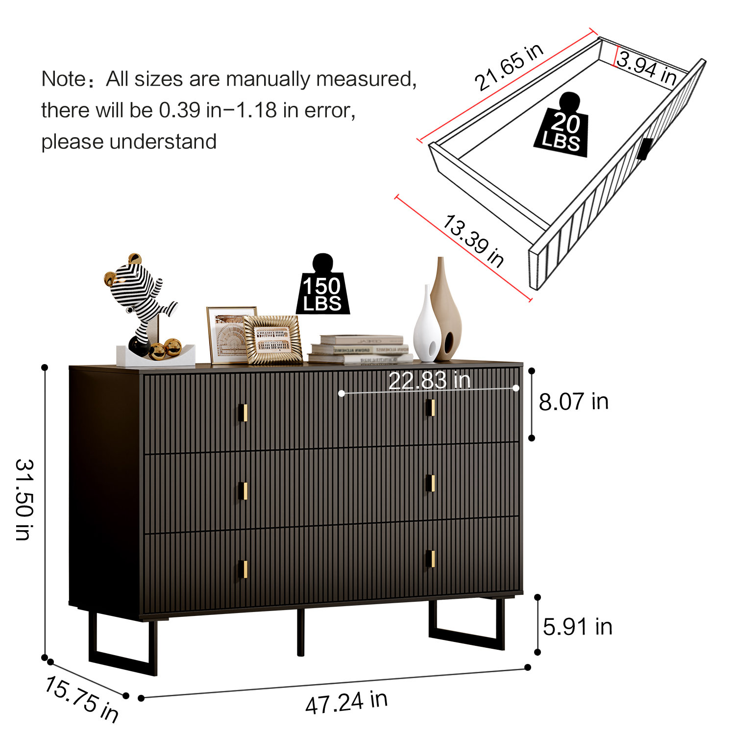Ebern Designs Black 6 Drawer Dresser For Bedroom, Large Double Dresser ...