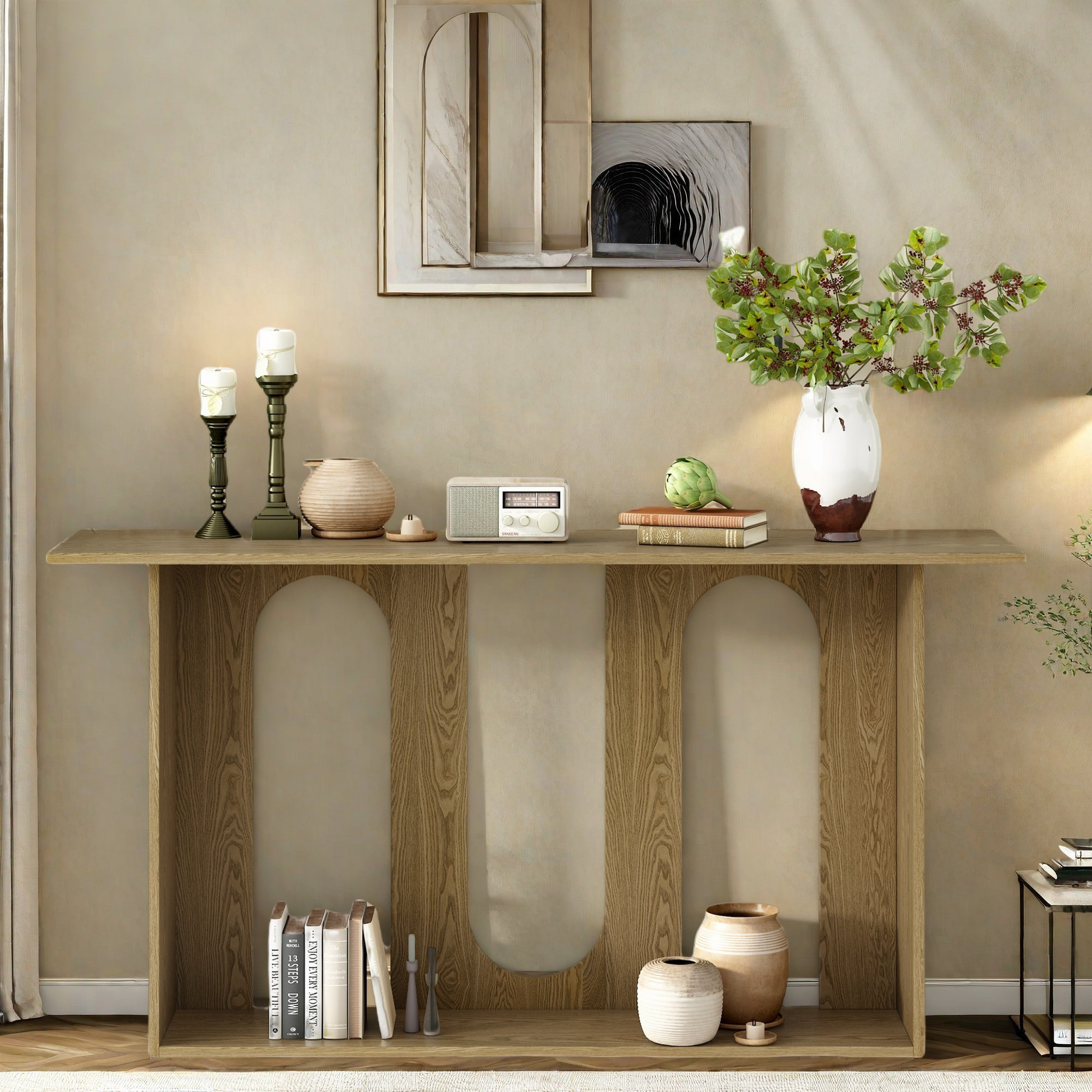 Ivy Bronx Modern Curved Design Ash Veneer Console Table With Shelf ...