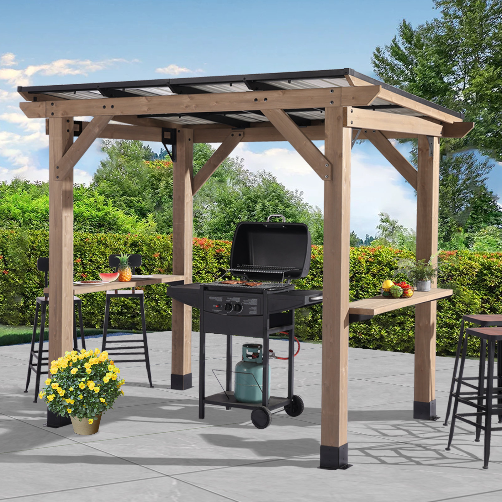 StarEcho 8Ft X 6Ft cedar Wood Grill Gazebo with Bar Counter, Patio ...