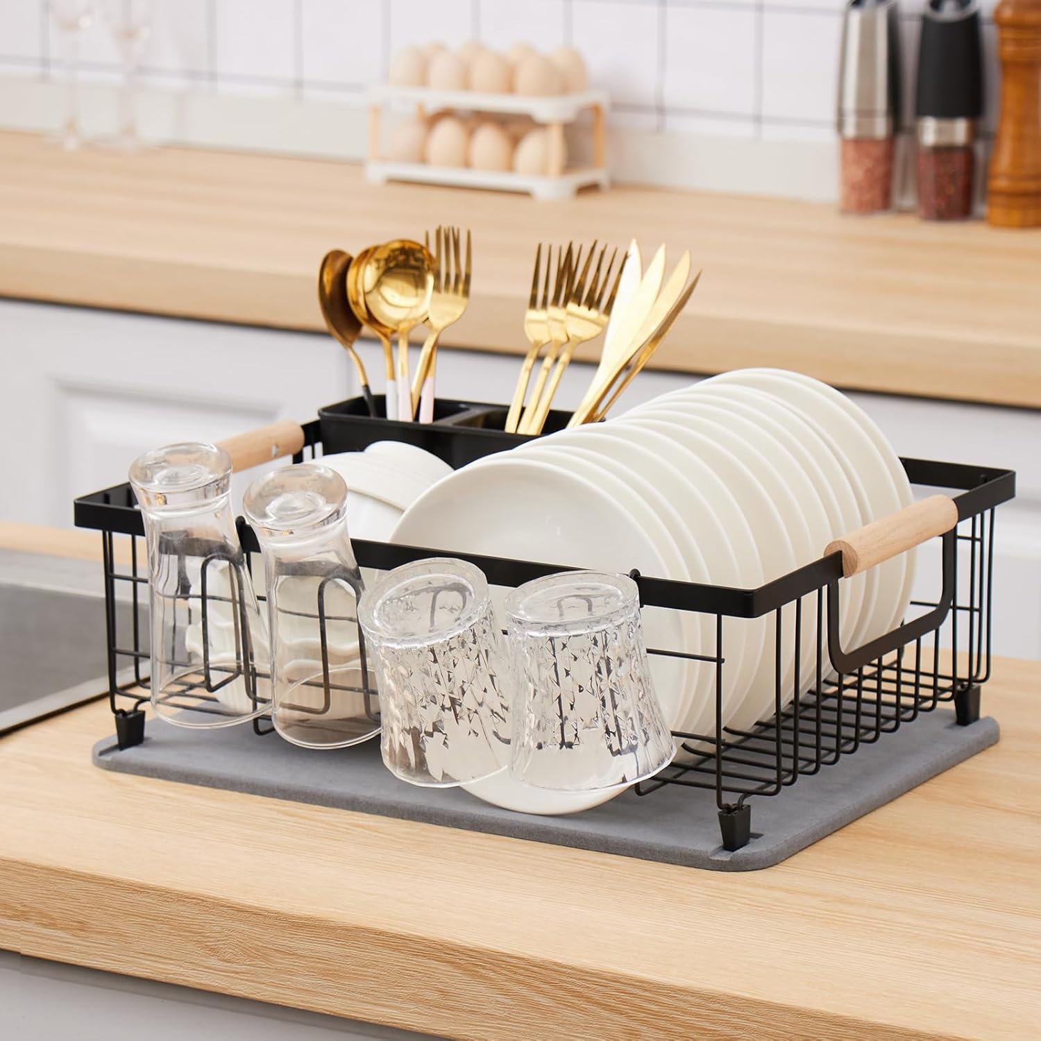 WKING Diatomaceous Earth Dish Drying Rack With Drain Board, Utensil ...