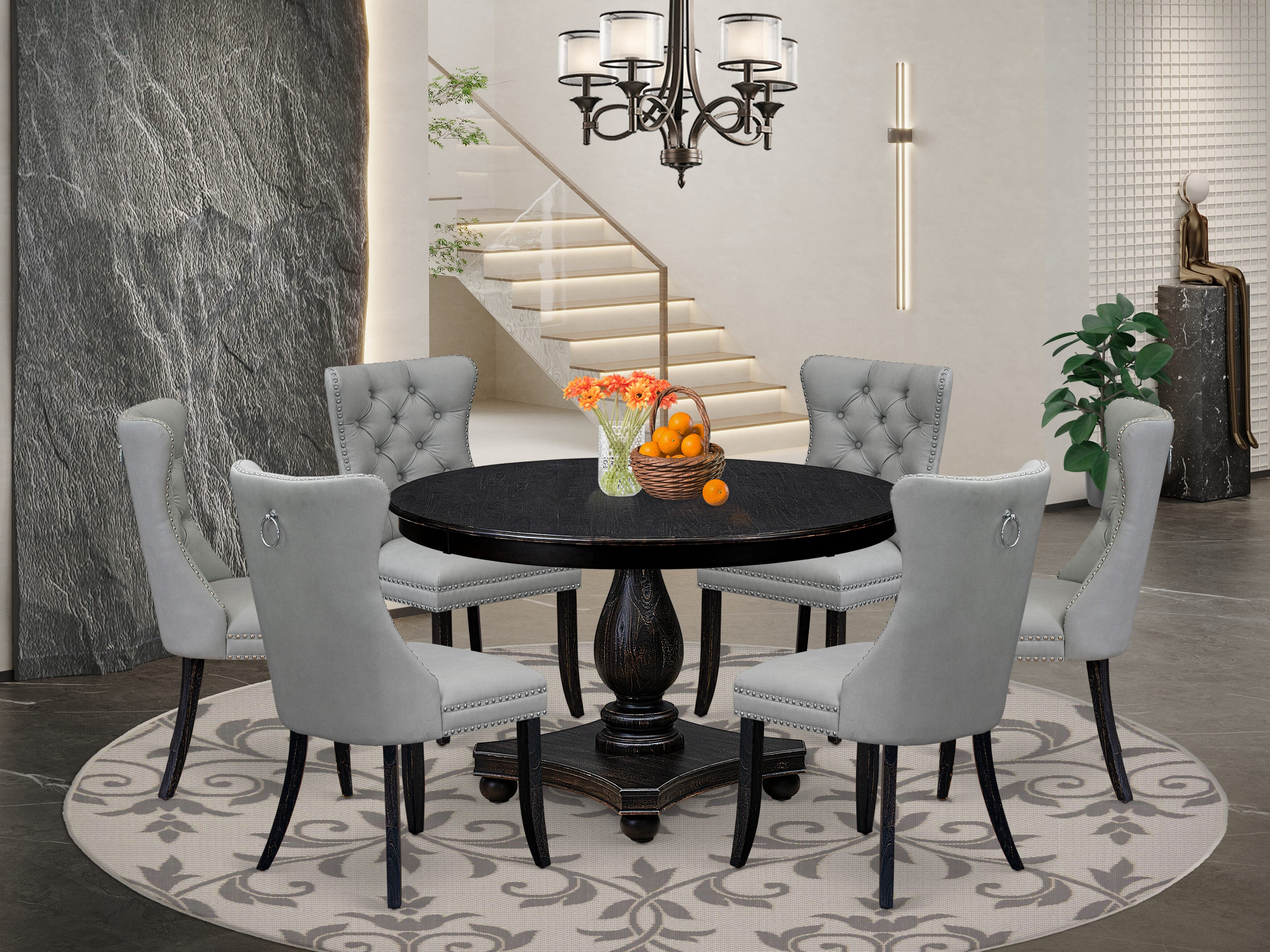Wildon Home® 7-piece Dining Table Set with 6 Polyester dining room chairs, Button-Tufted Backs ...