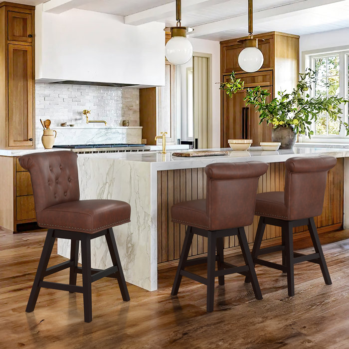 Lark Manor Aquetzalli Swivel Upholstered Counter Stool with Solid Wood ...