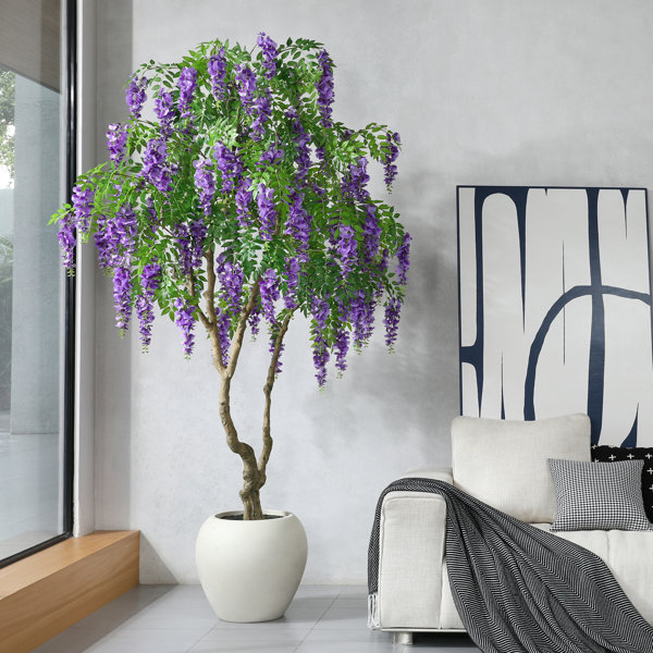 Primrue Adcock 8ft Artificial Flower Tree with 18in White Planter, Tall ...