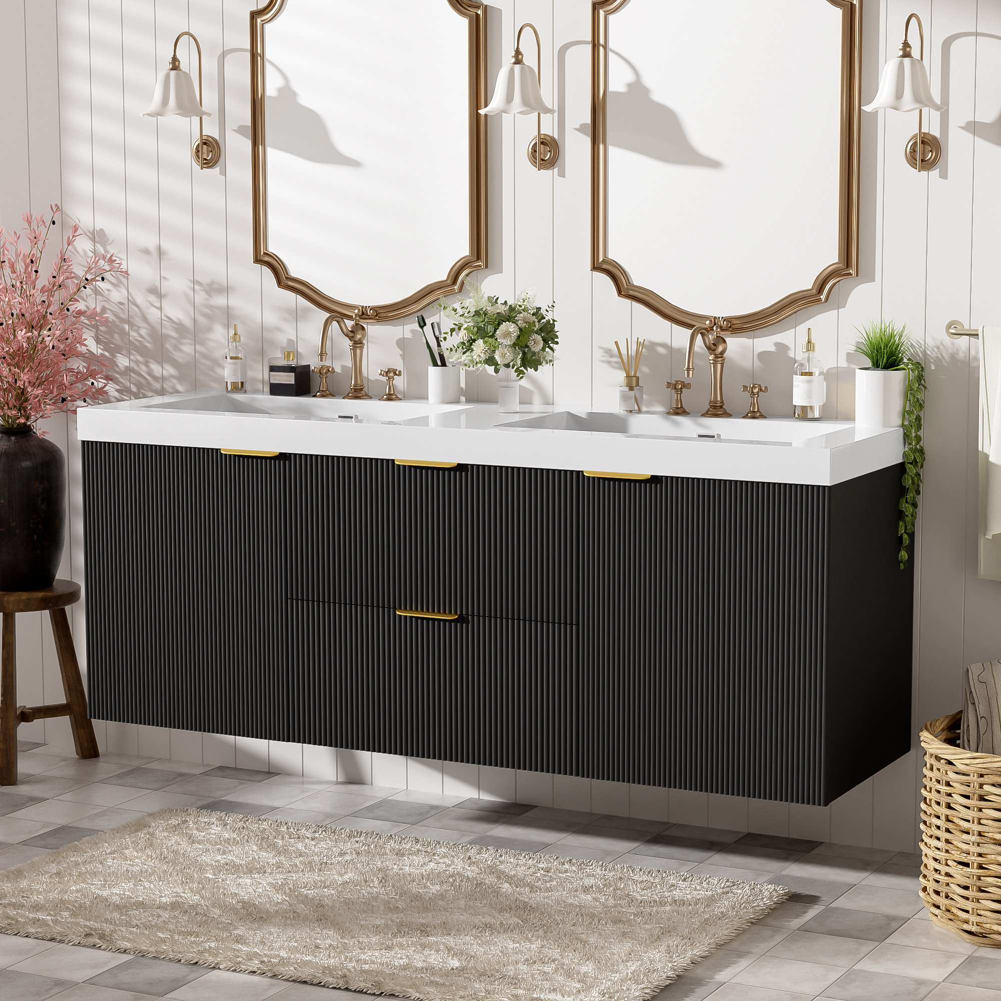 Latitude Run® 59.3" Double Bathroom Vanity, Wall-Mounted Storage ...