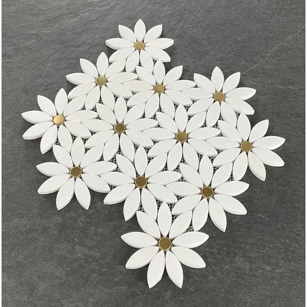 ES Stone 4" x 4" Thassos White Marble & Gold Metal Daisy Pattern Mosaic ...