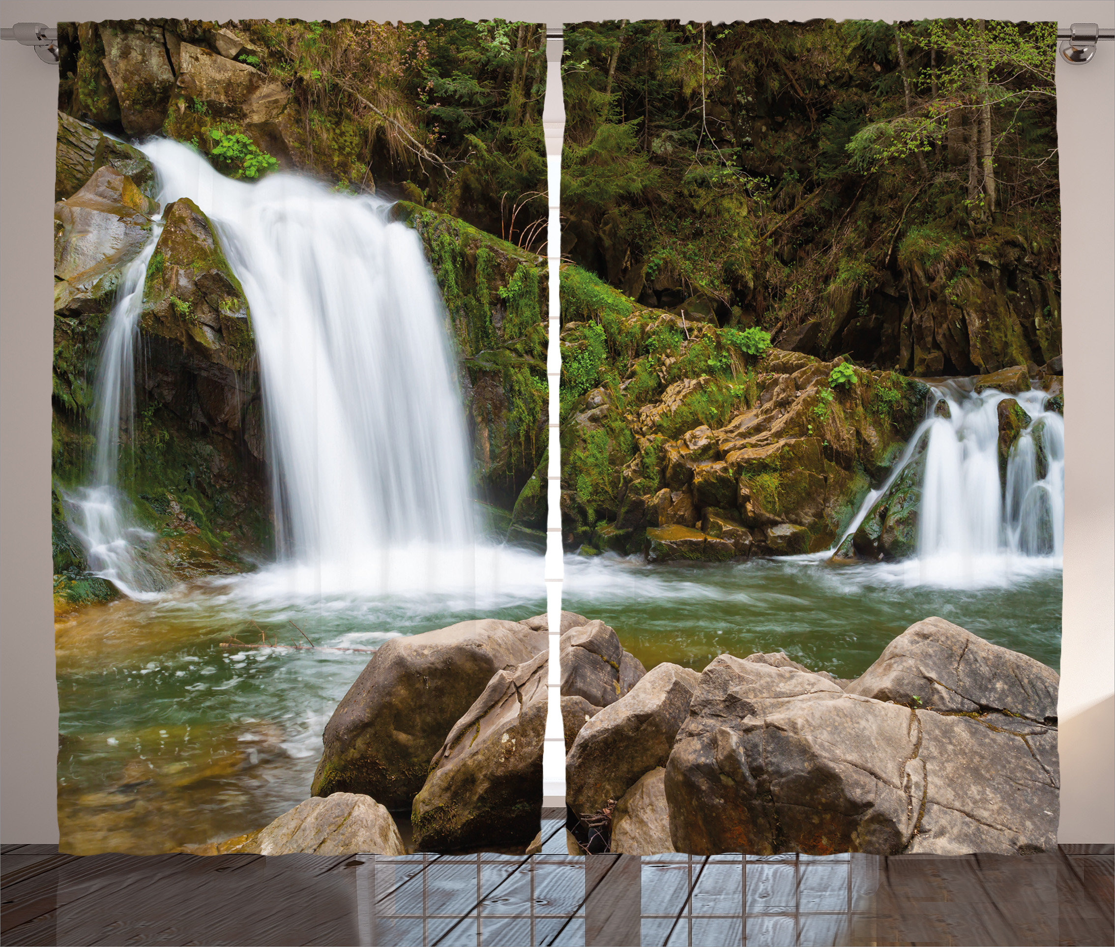 Ambesonne Waterfall Mother and Baby Waterfalls by the Mountain Side ...