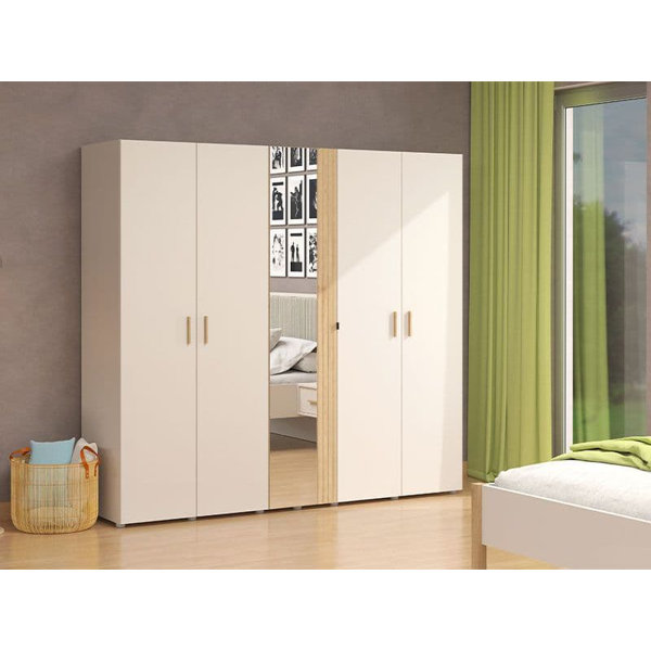 Ebern Designs Cashmere And Artisan Oak Effect 5 Door Mirrored Wardrobe ...