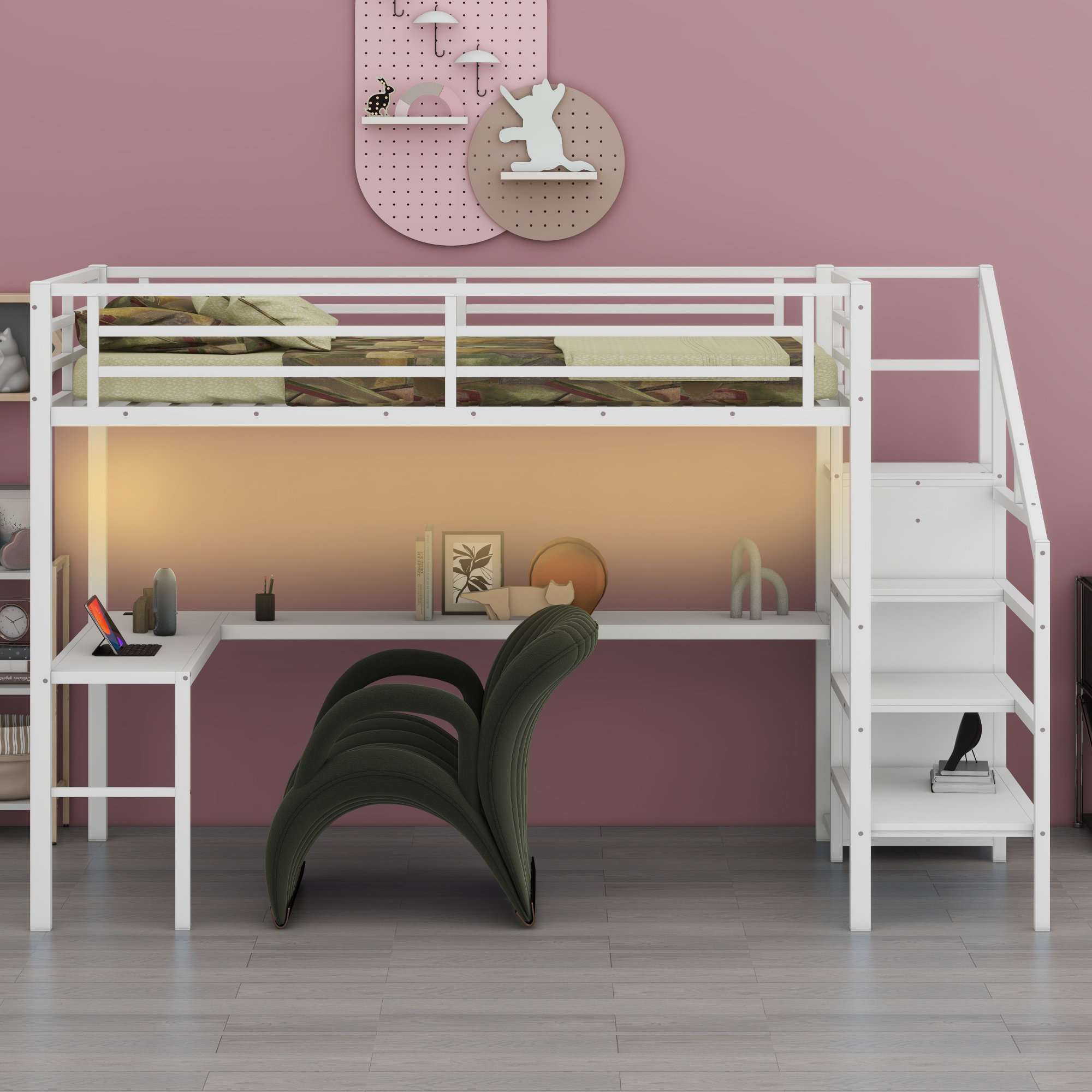 Ivy Bronx Loft Bed With L-Shaped Desk And USB, Metal Loft Bed With ...