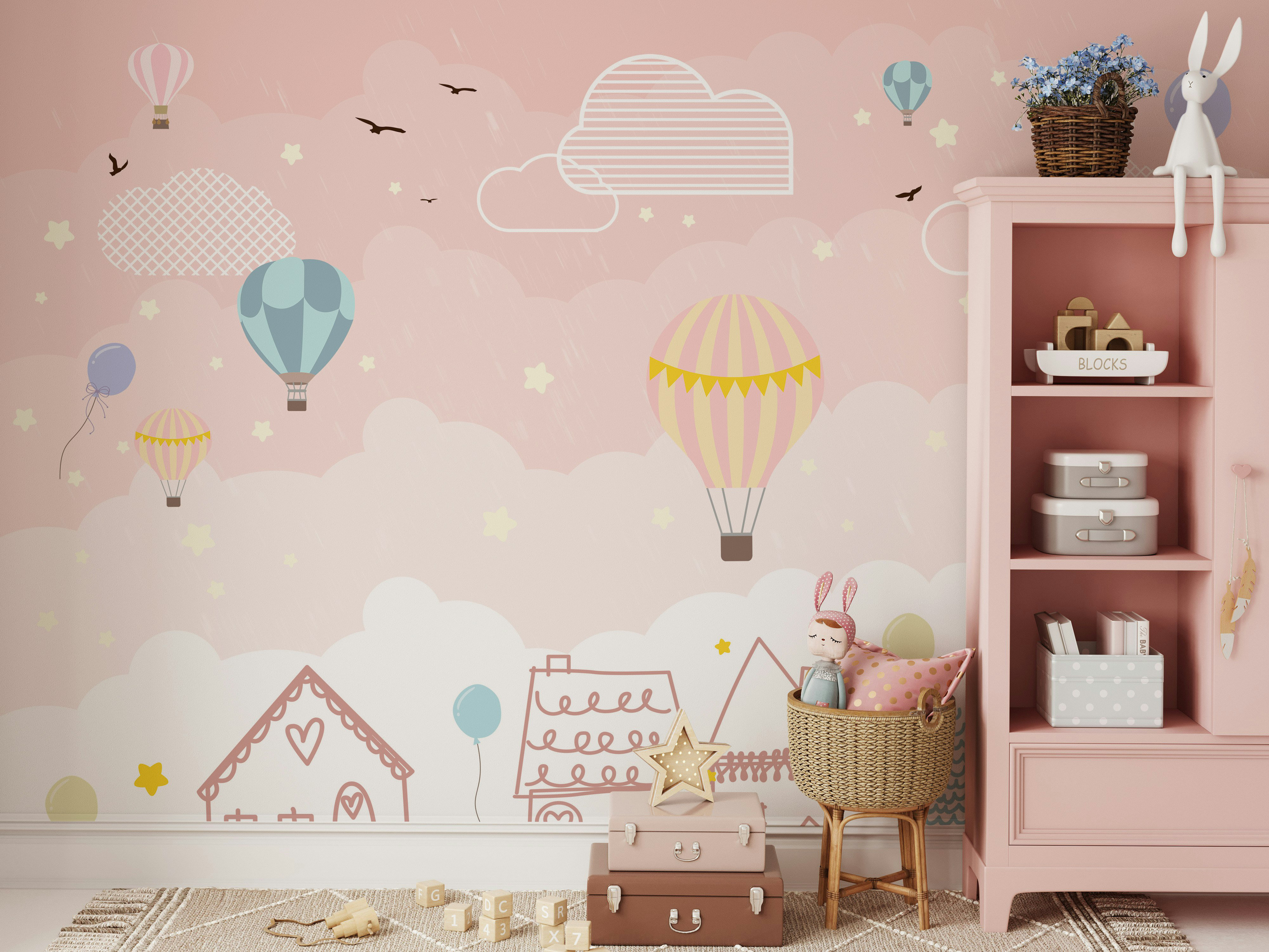 GK Wall Design Hot Air Balloons Clouds Birds Stars Houses Background ...