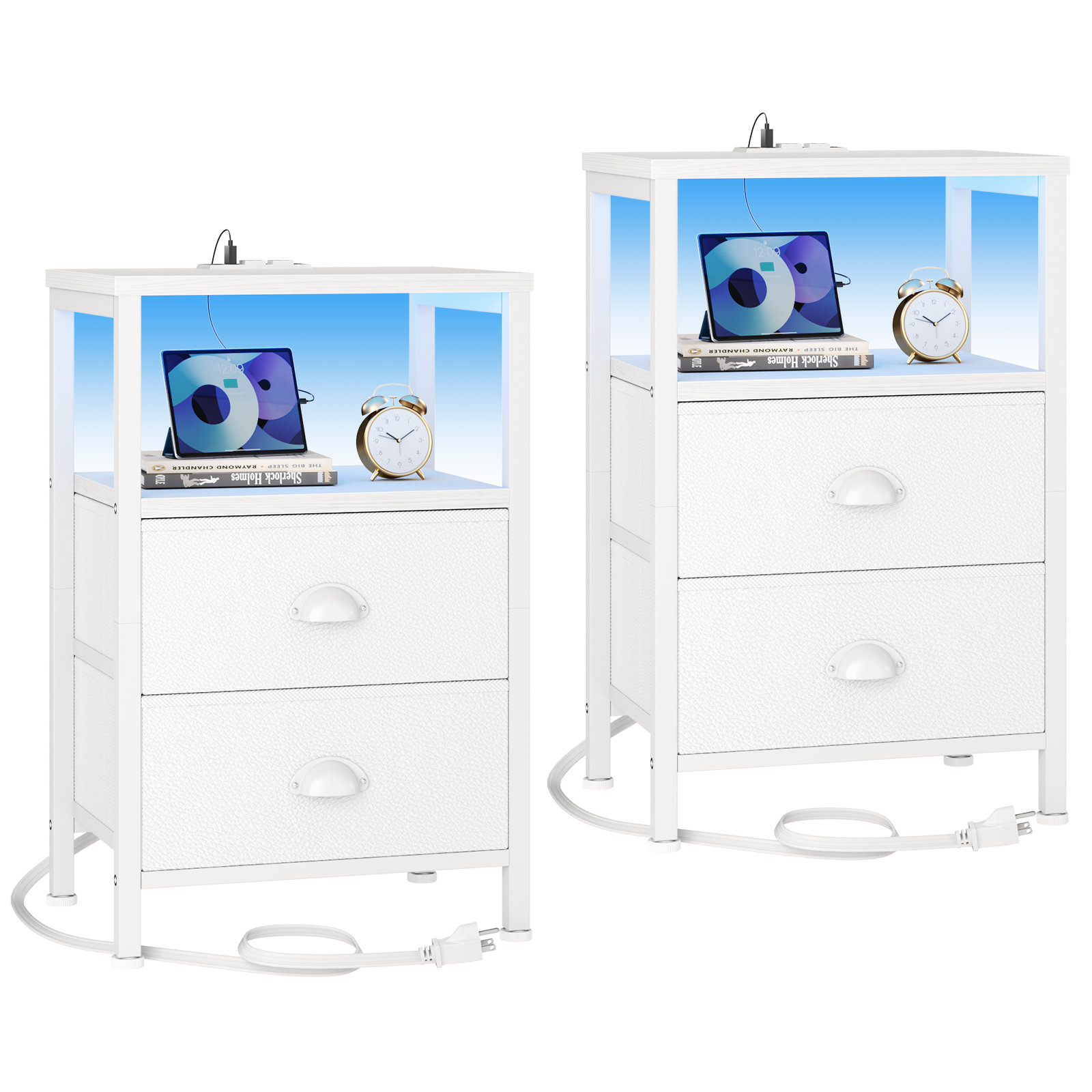 Furco 2PCS Nightstand with Charging Station LED End Table with 2 ...