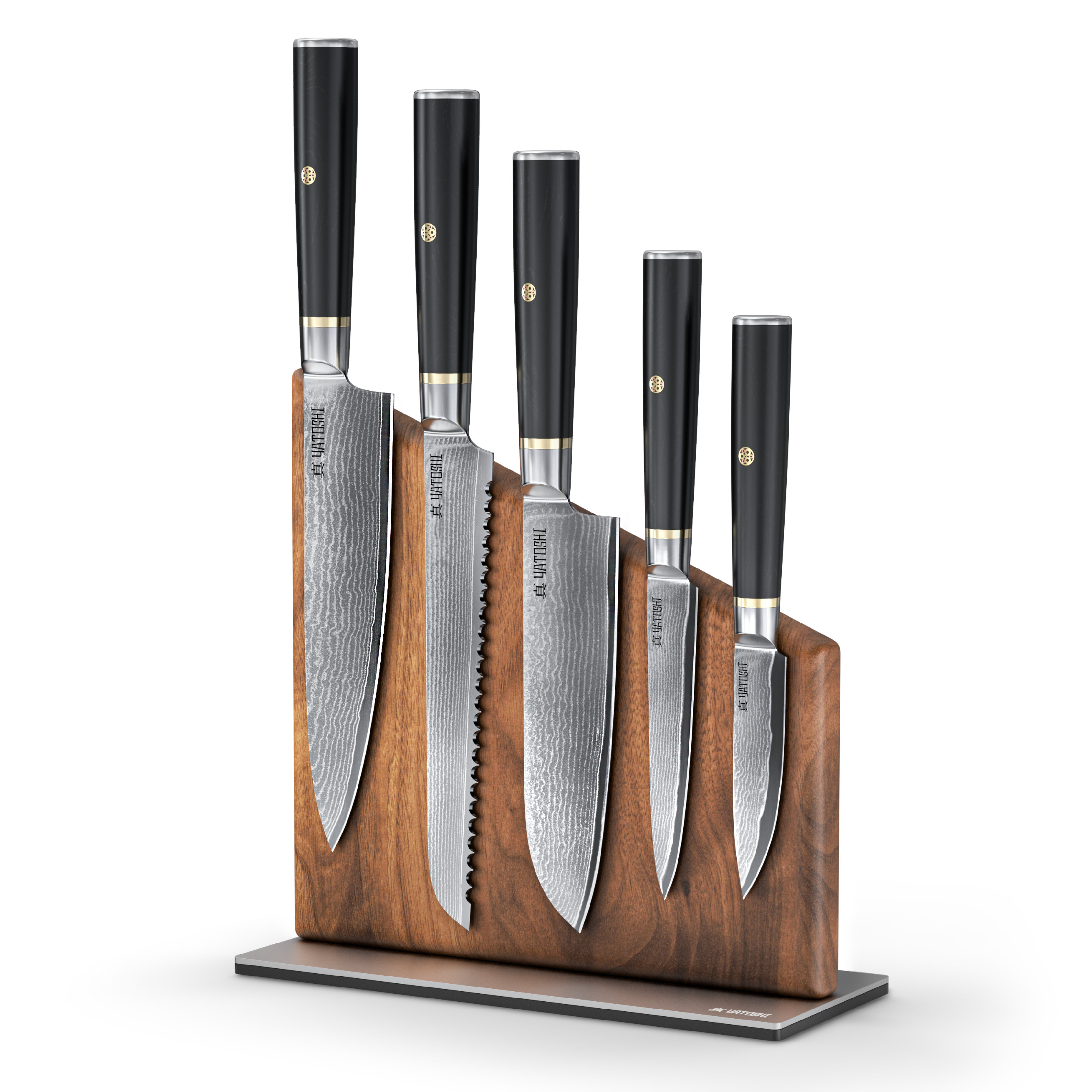 Yatoshi Knives Magnetic Kitchen Knife Block Set - Olive Handle Damascus ...