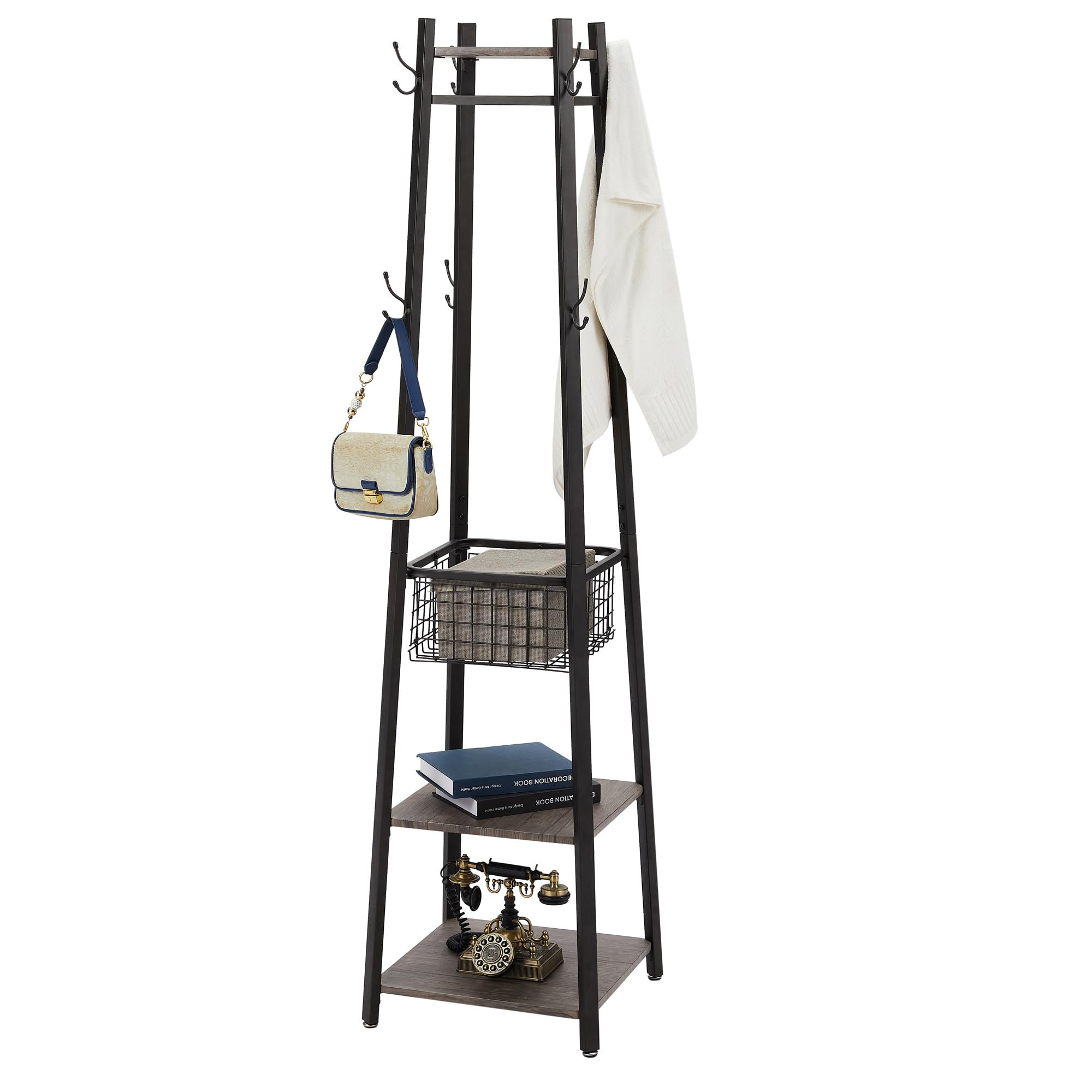 17 Stories Hall Tree With Metal Basket And Storage Shelves,Industrial ...
