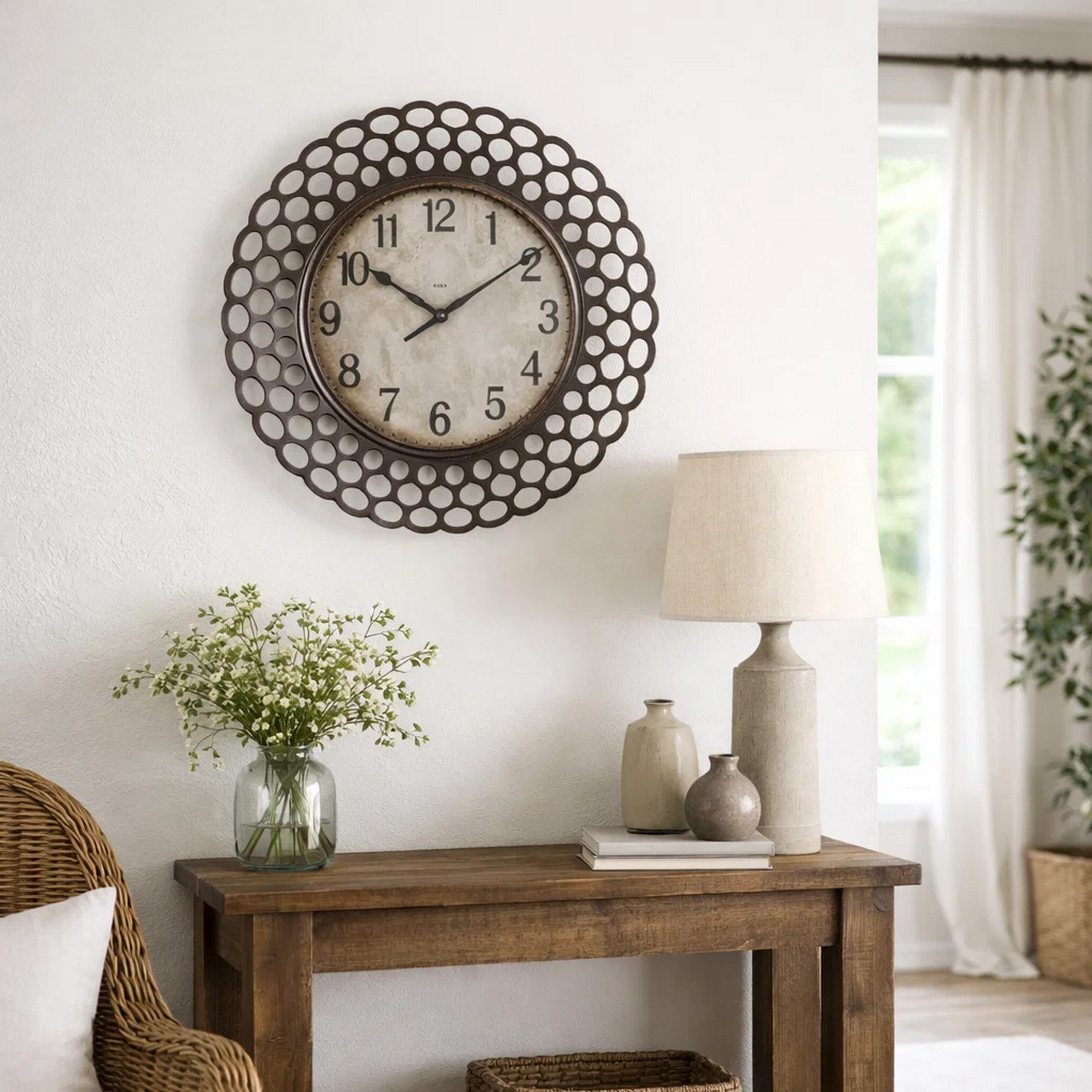 Benjara Wall Clock, 16 Inch Round Cut Out Metal Frame, Mottled Dial ...