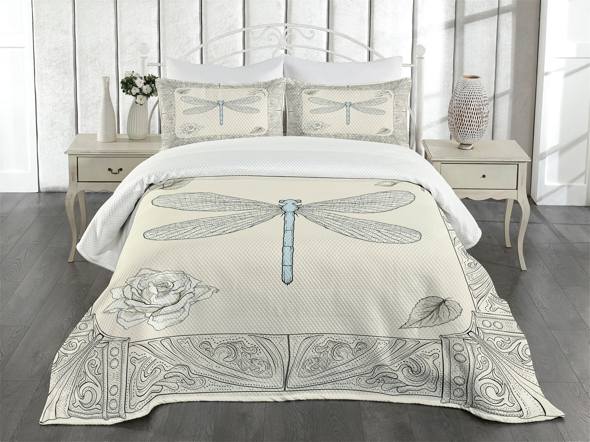 Ambesonne Dragonfly Bedspread Set Royal Rose Petals Black Pale Blue ...