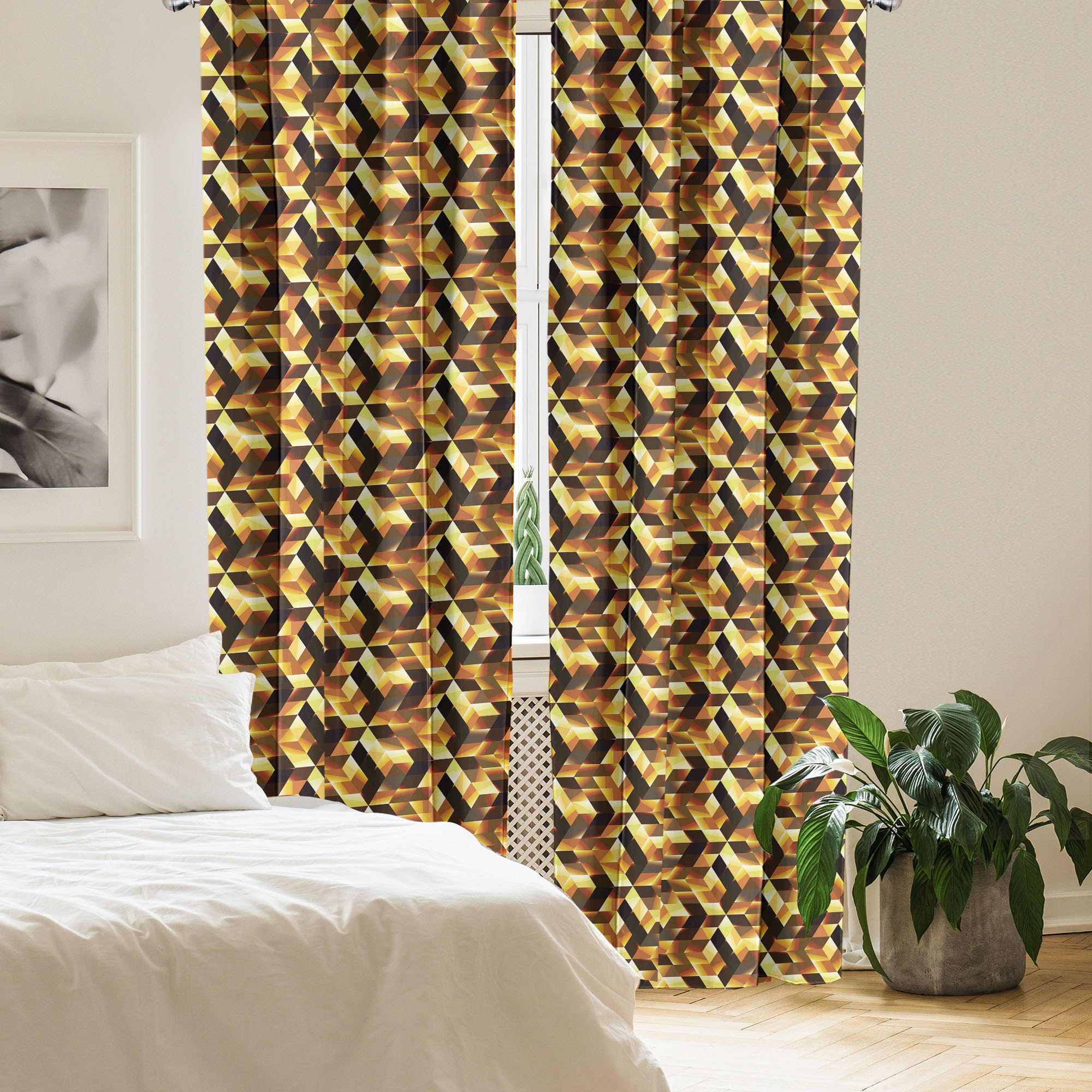East Urban Home Abstract 4-Panel Curtains, Graphic Cubes Blocks, Black ...