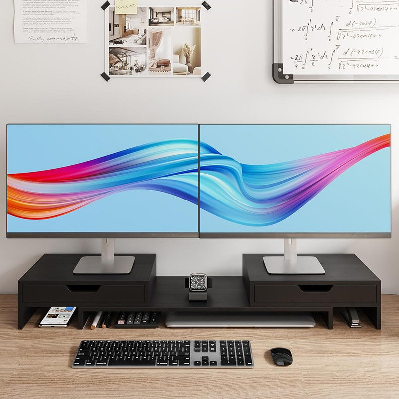 Latitude Run® Monitor Stand with 2 Drawers for Desk,Dual Monitor Stand ...