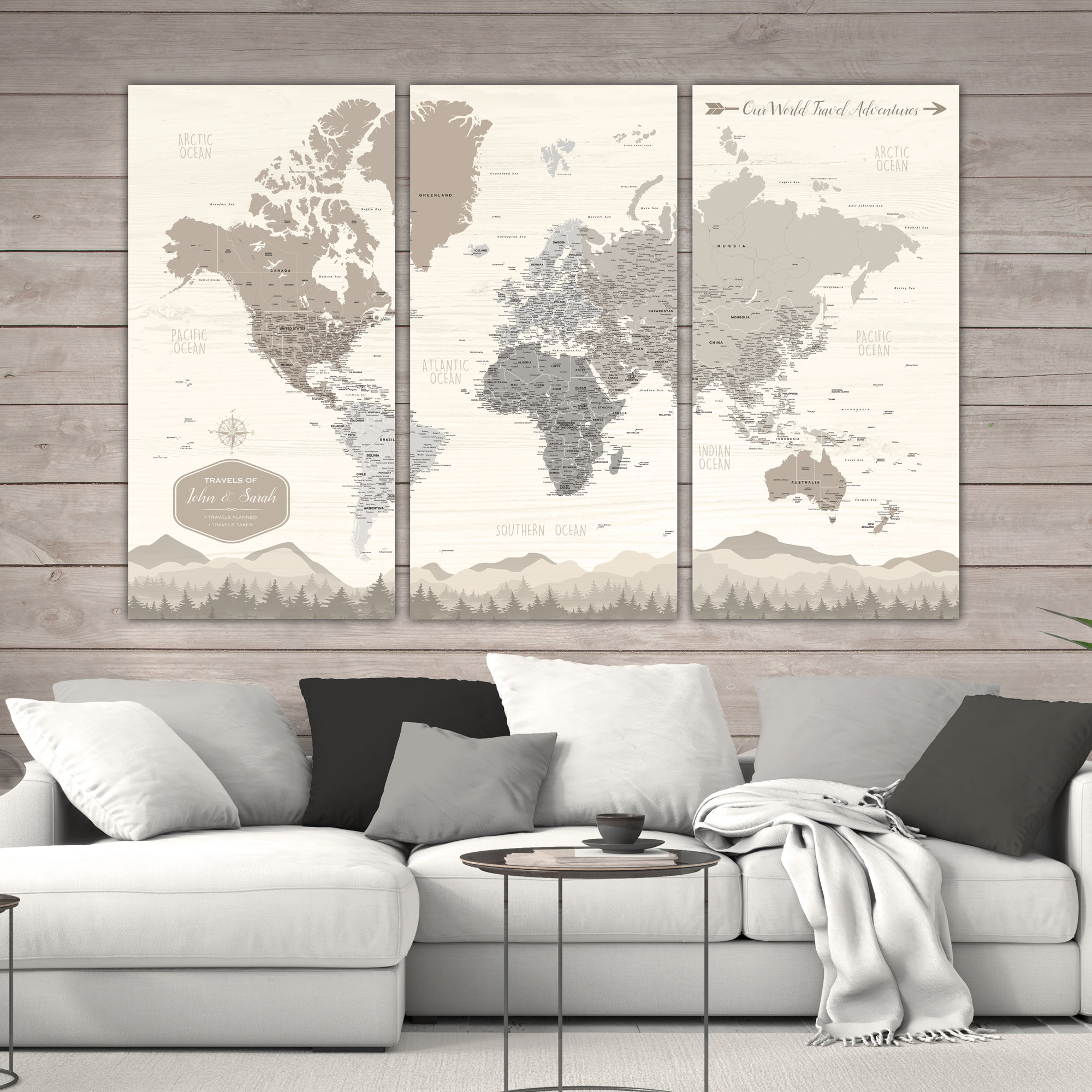 Holy Cow Canvas Personalized Farmhouse Push Pin World Map - 3 Panel | Wayfair