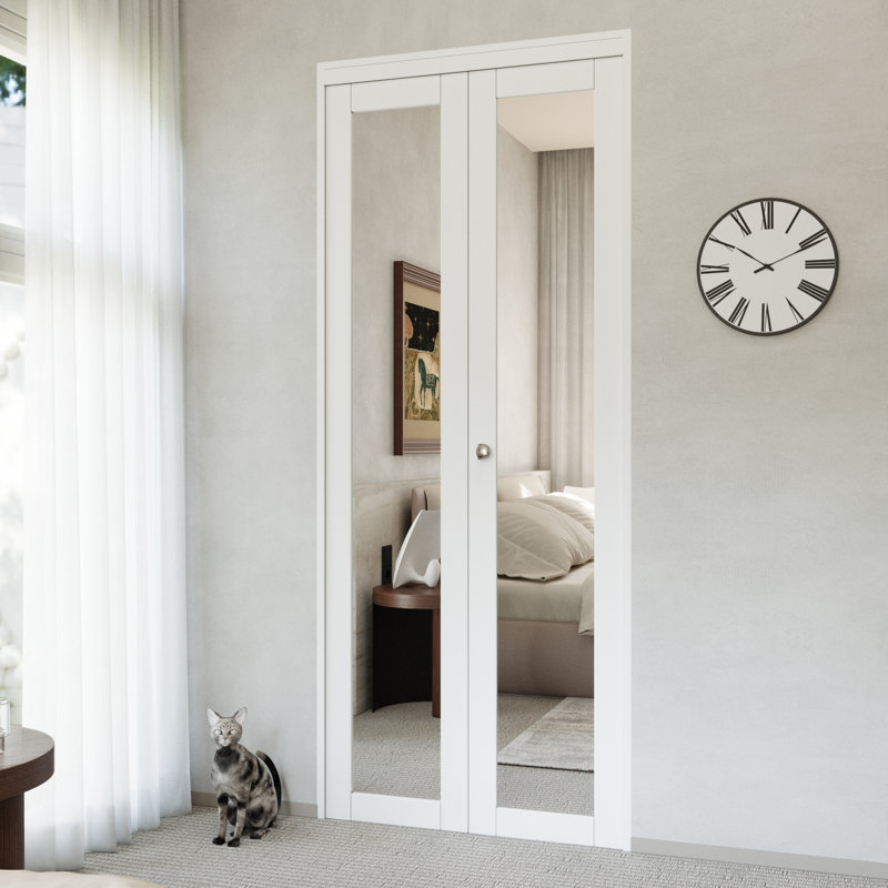 HOZONE Mirrored Door Solid Manufactured Wood Bi-Fold Door with ...