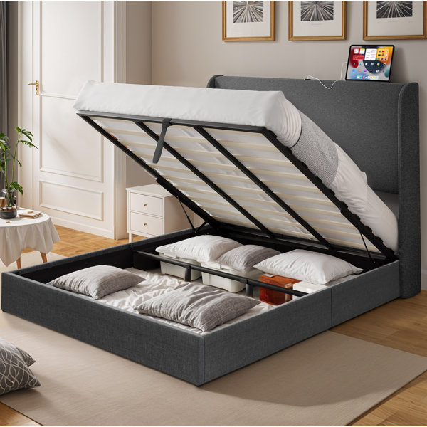 Latitude Run® Cuvier Upholstered Metal Wingback Storage Bed | Wayfair