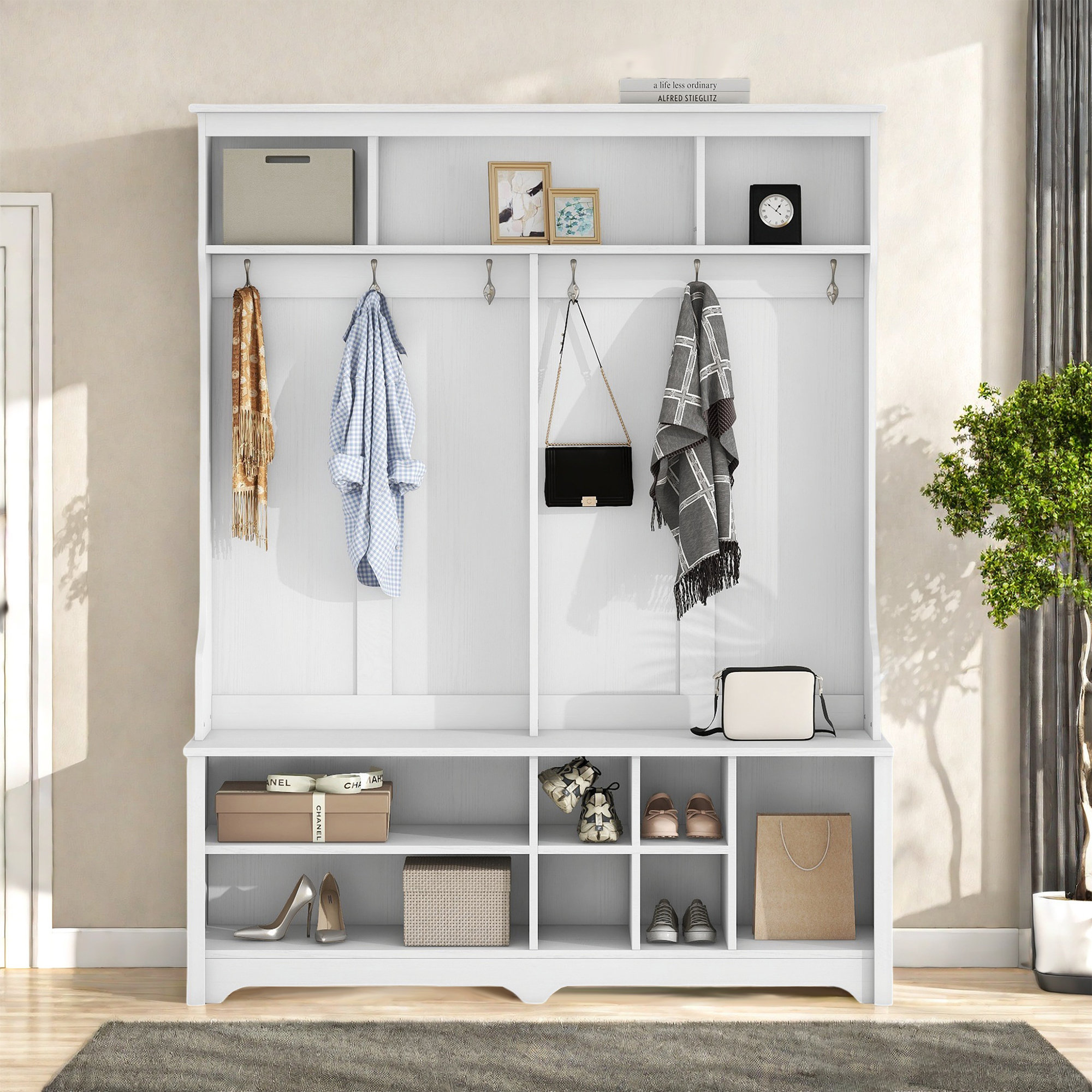 Red Barrel Studio Modern White Hall Tree With Metal Hooks & Storage ...