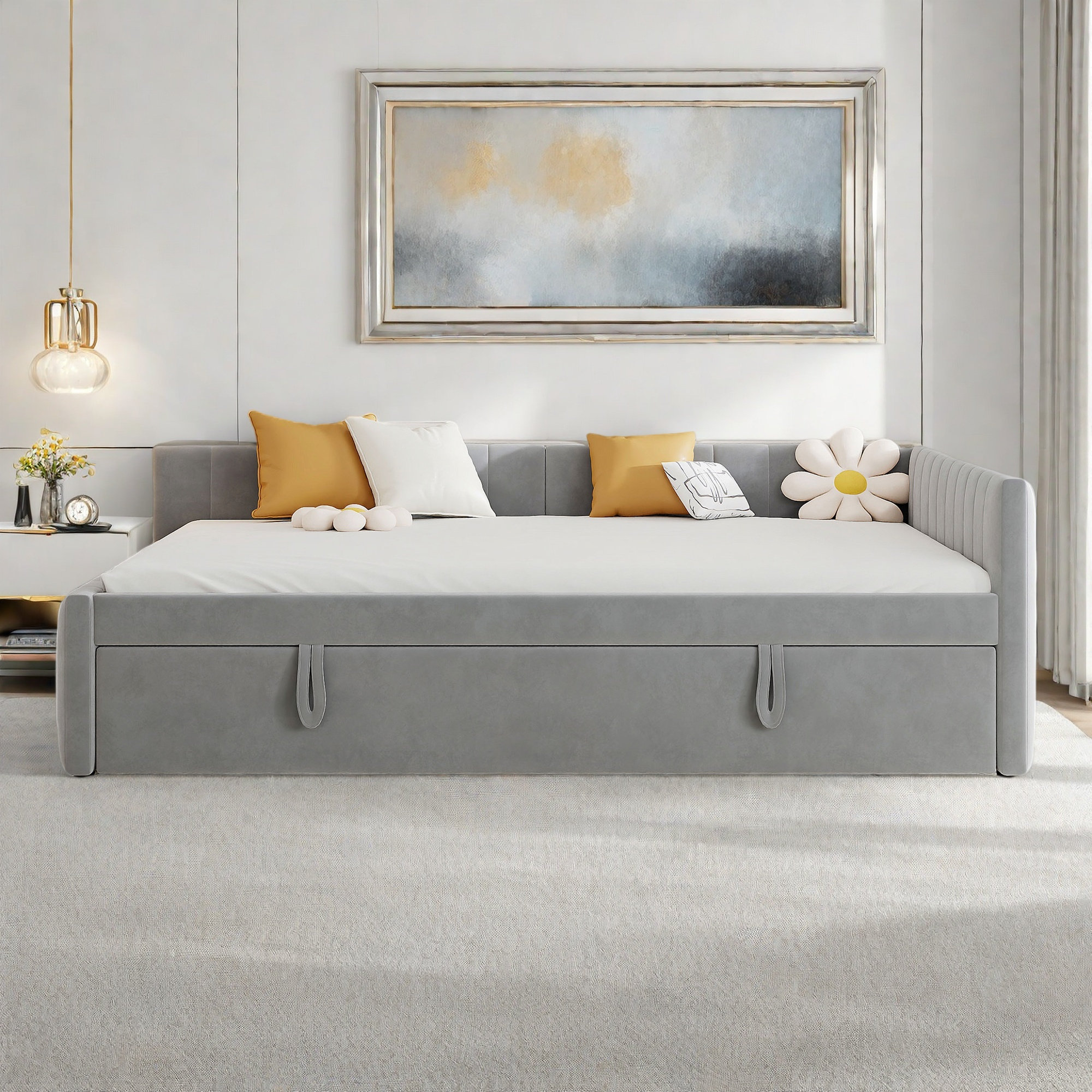 Hokku Designs Upholstered L-shaped Daybed With Pop Up Trundle And ...