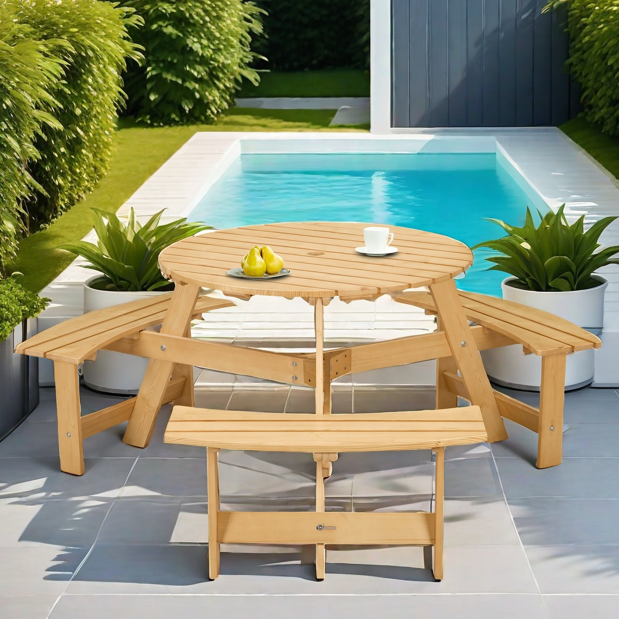 Latitude Run® Evislandys Outdoor 6-Person Round Picnic Table with 3 ...