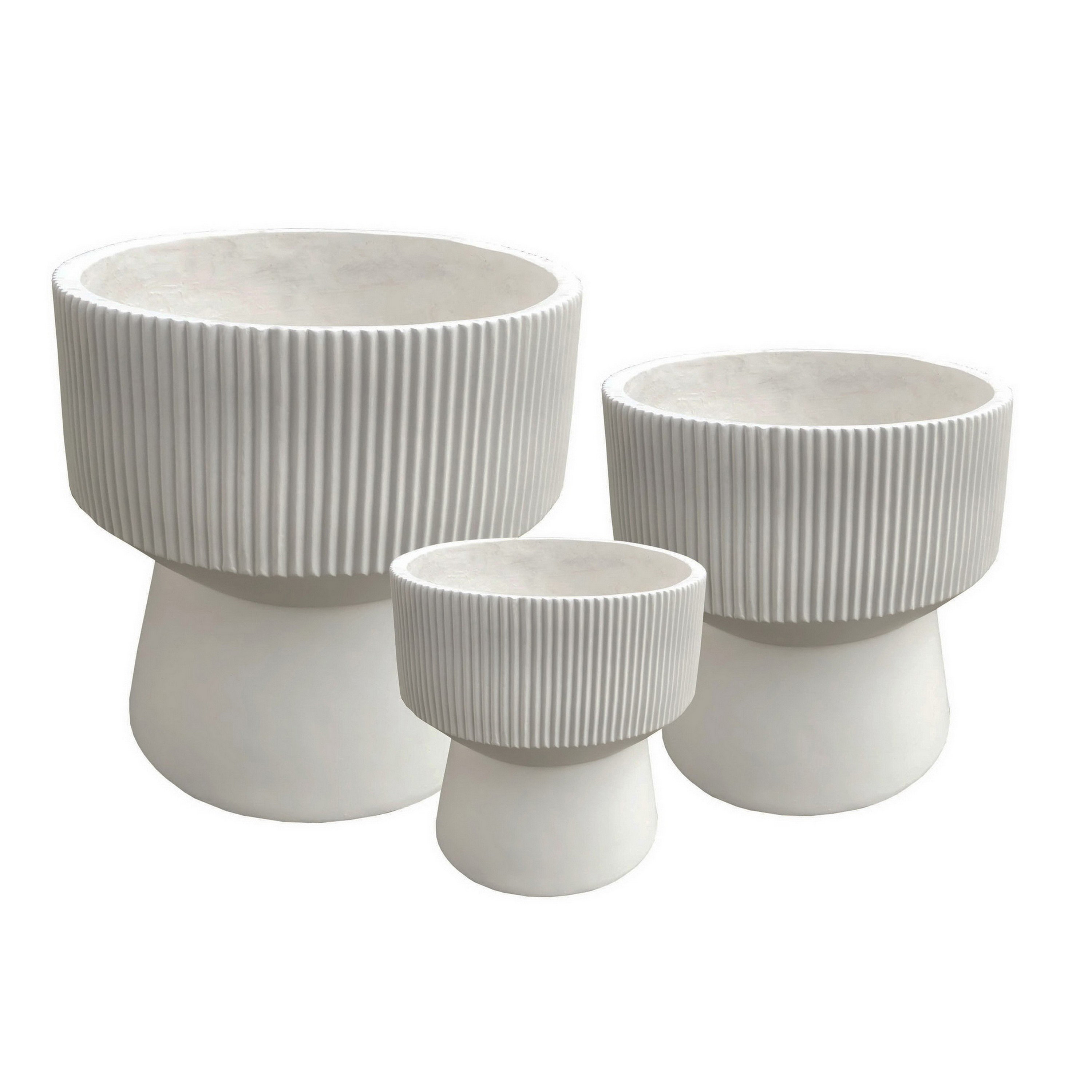 Benjara Keyan Accent Planter Set Of 3, White Resin Ribbed Design ...
