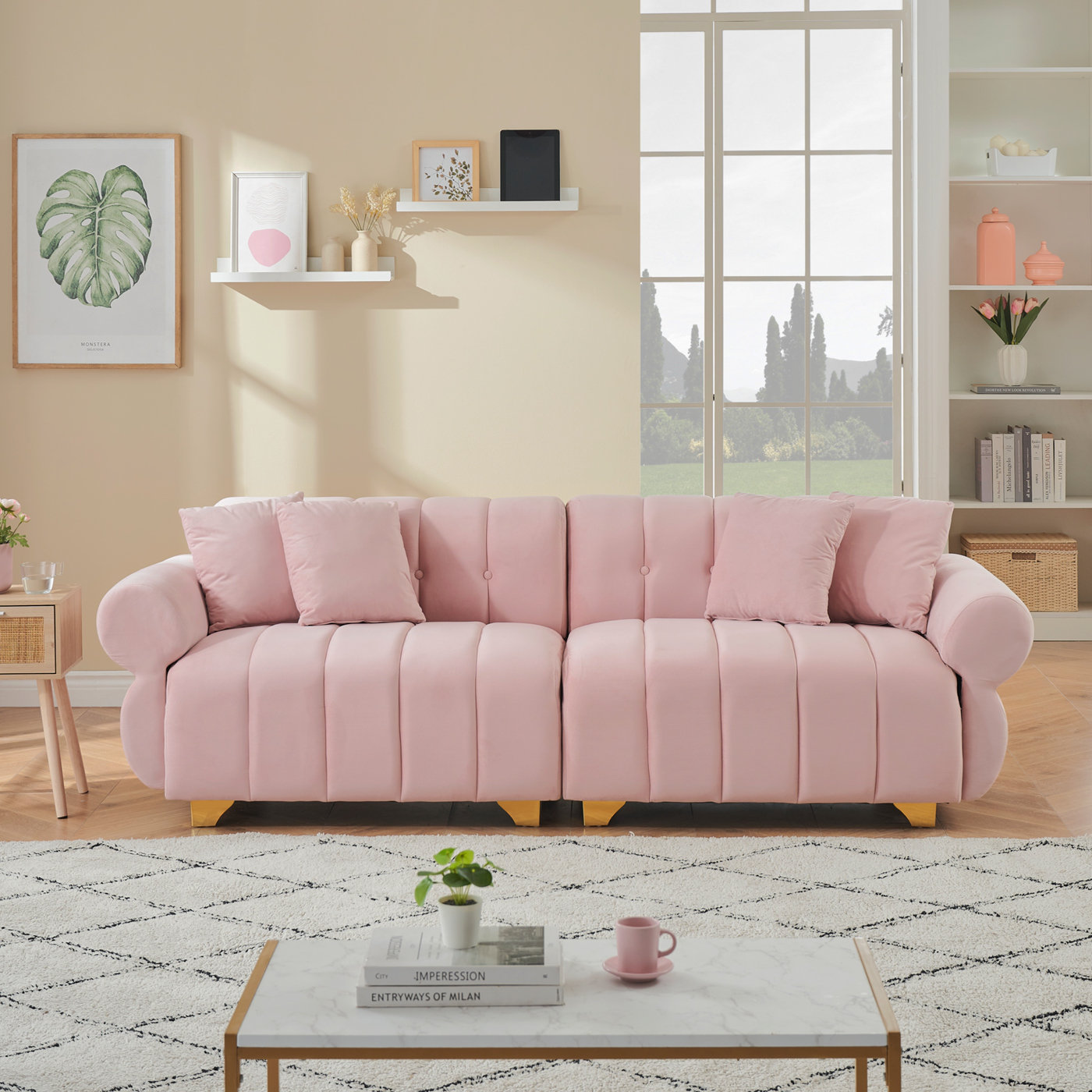 Everly Quinn 89-Inch Spring-Wrapped Cushions, 3 Flannelette Sofas, Stylish Metal Feet And 4 ...