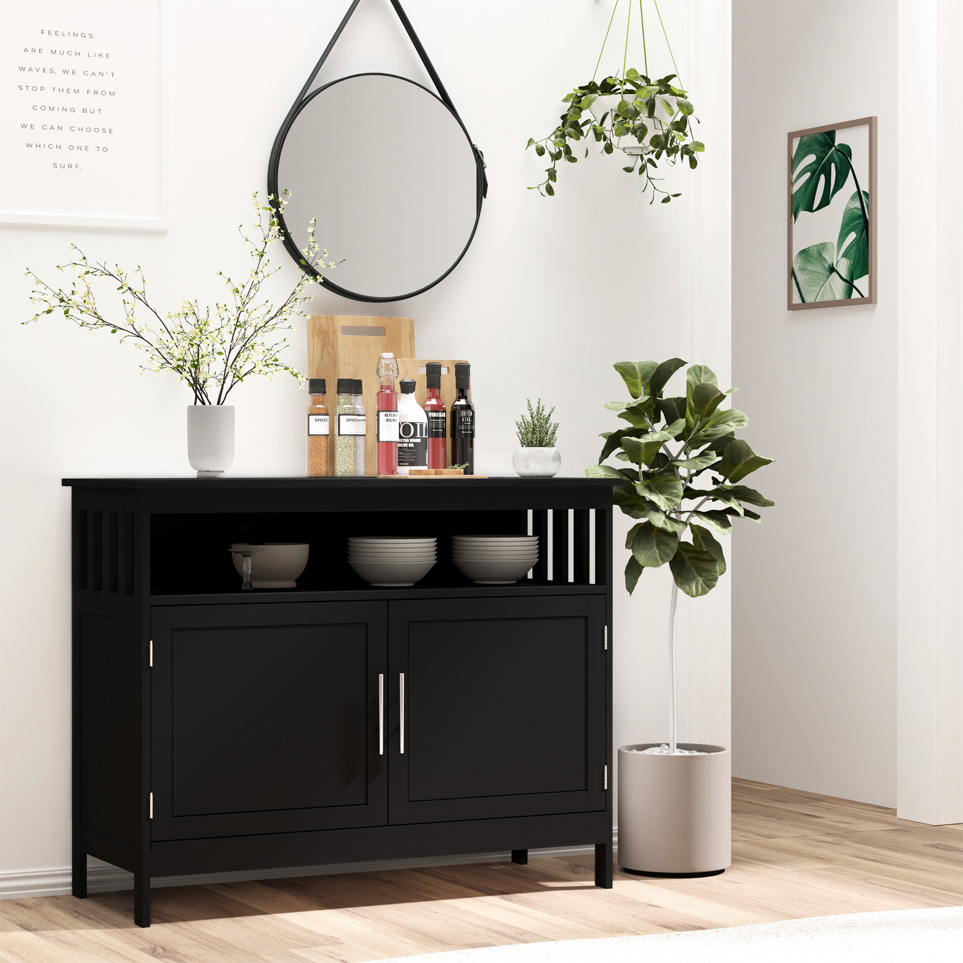 Latitude Run® Multi-functional Black Cabinet With Open Compartment And Shelf Modern Kitchen ...