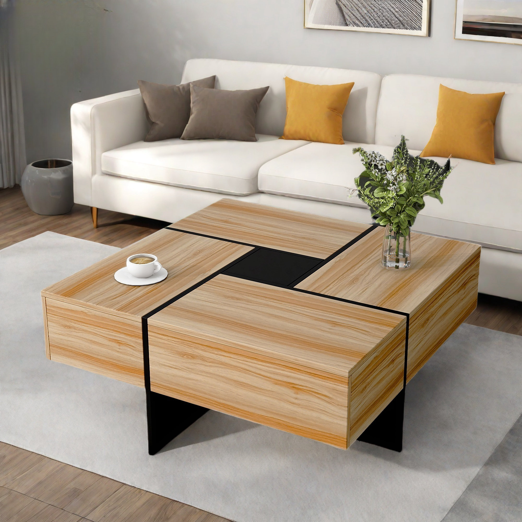 Ebern Designs High-gloss Coffee Table With 4 Hidden Storage ...