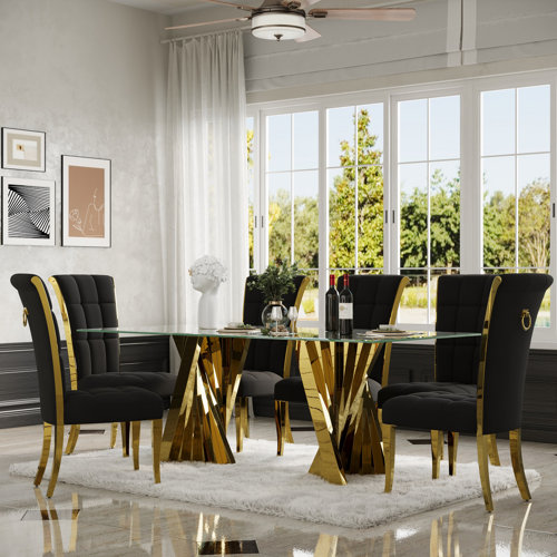 Rosdorf Park Black Velvet Dining Chairs With Pull Ring And Mirrored ...