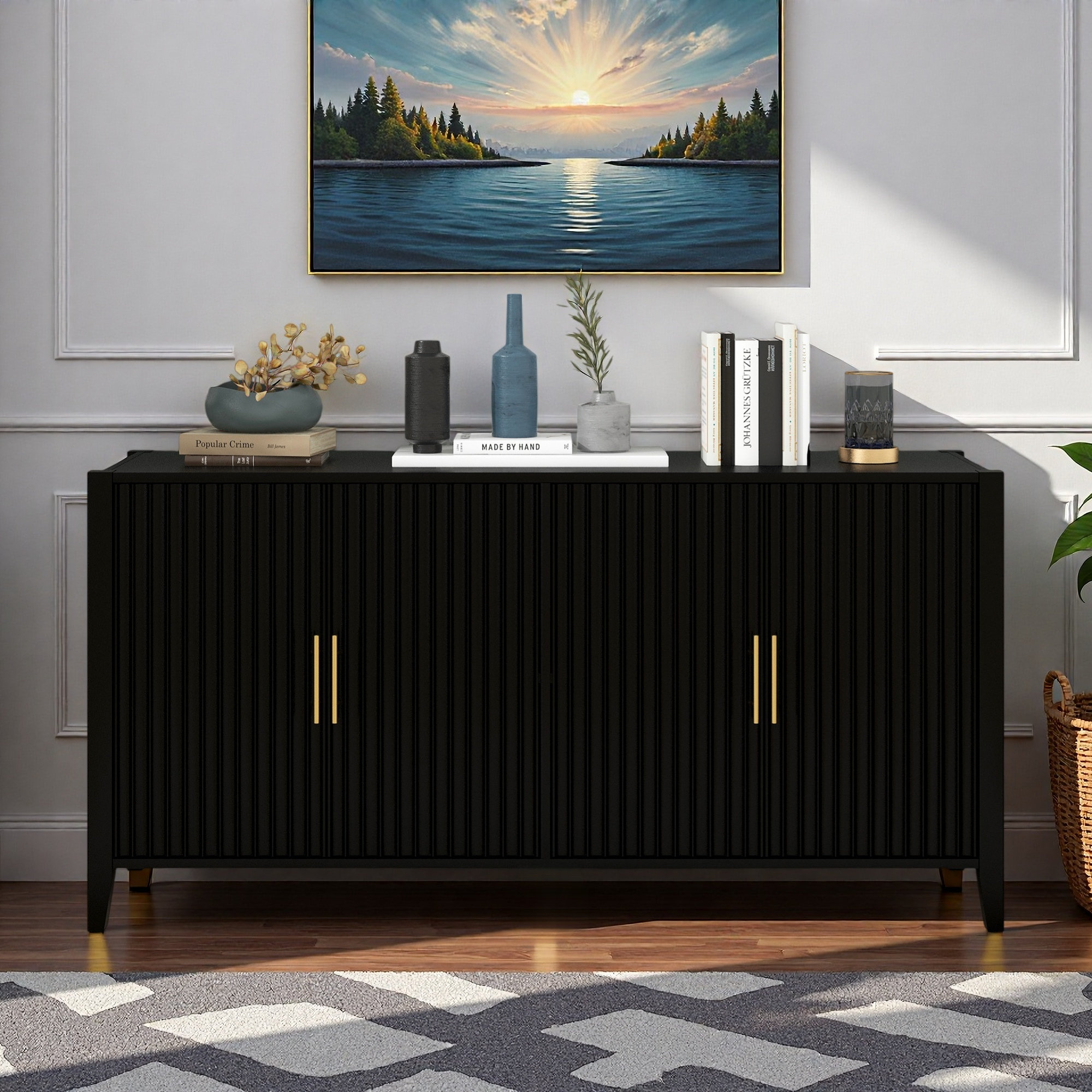 Ebern Designs Modern 4 Doors Sideboard With Vertical Wavy Slatted ...