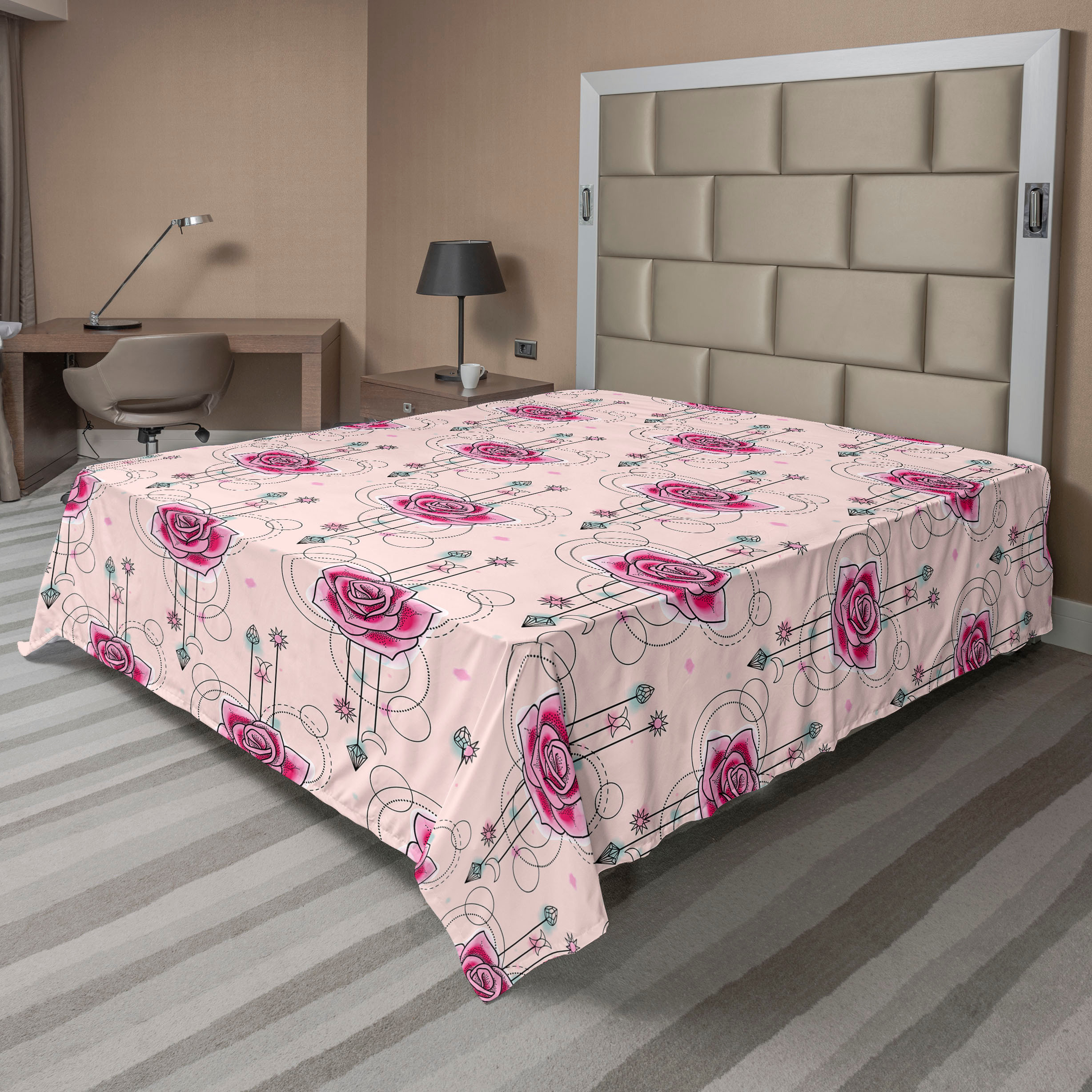Ambesonne Nature Flat Sheet Roses Dashes Circles Plot Hot Pink Pale ...