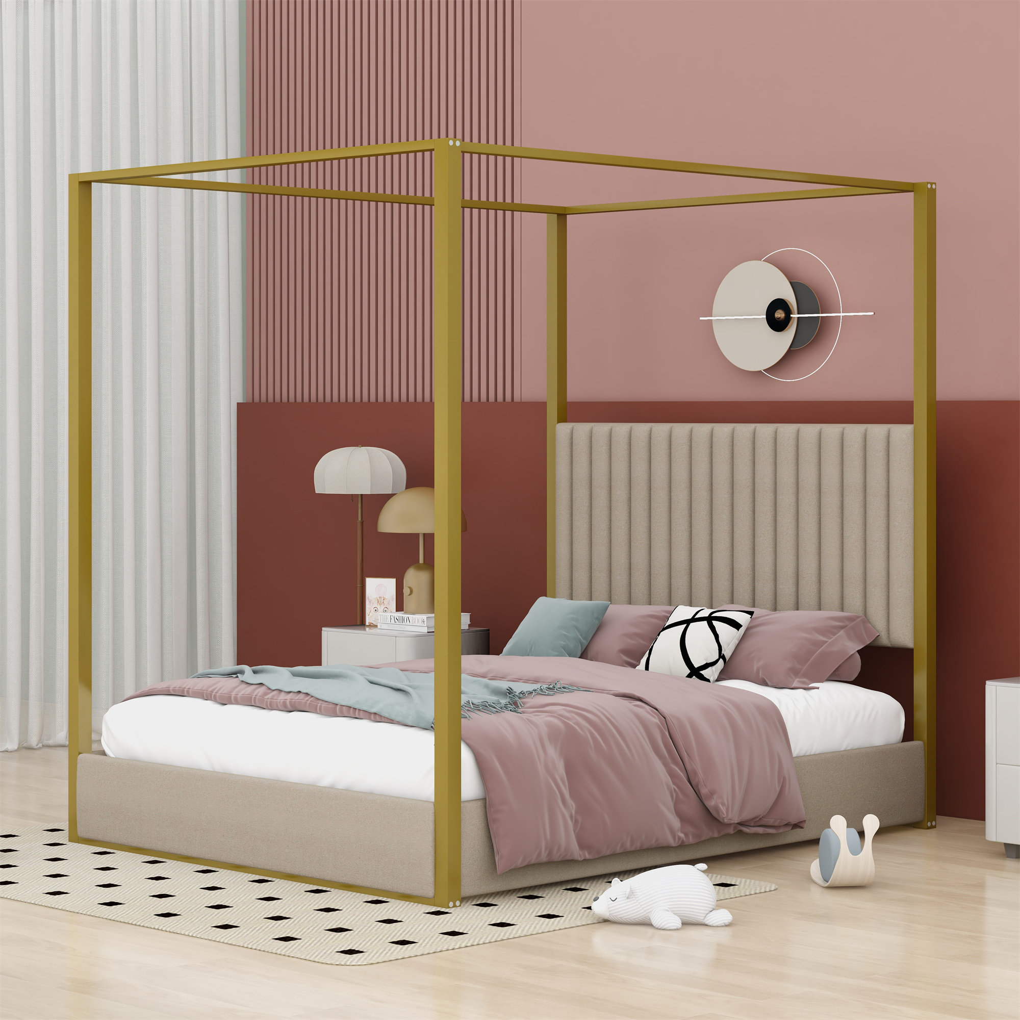 Mercer41 Queen Size Upholstery Canopy Platform Bed With Headboard And