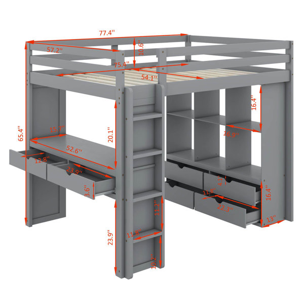 Harriet Bee Jeneya Full Size Loft Bed with Large Shelves, Writing Desk ...