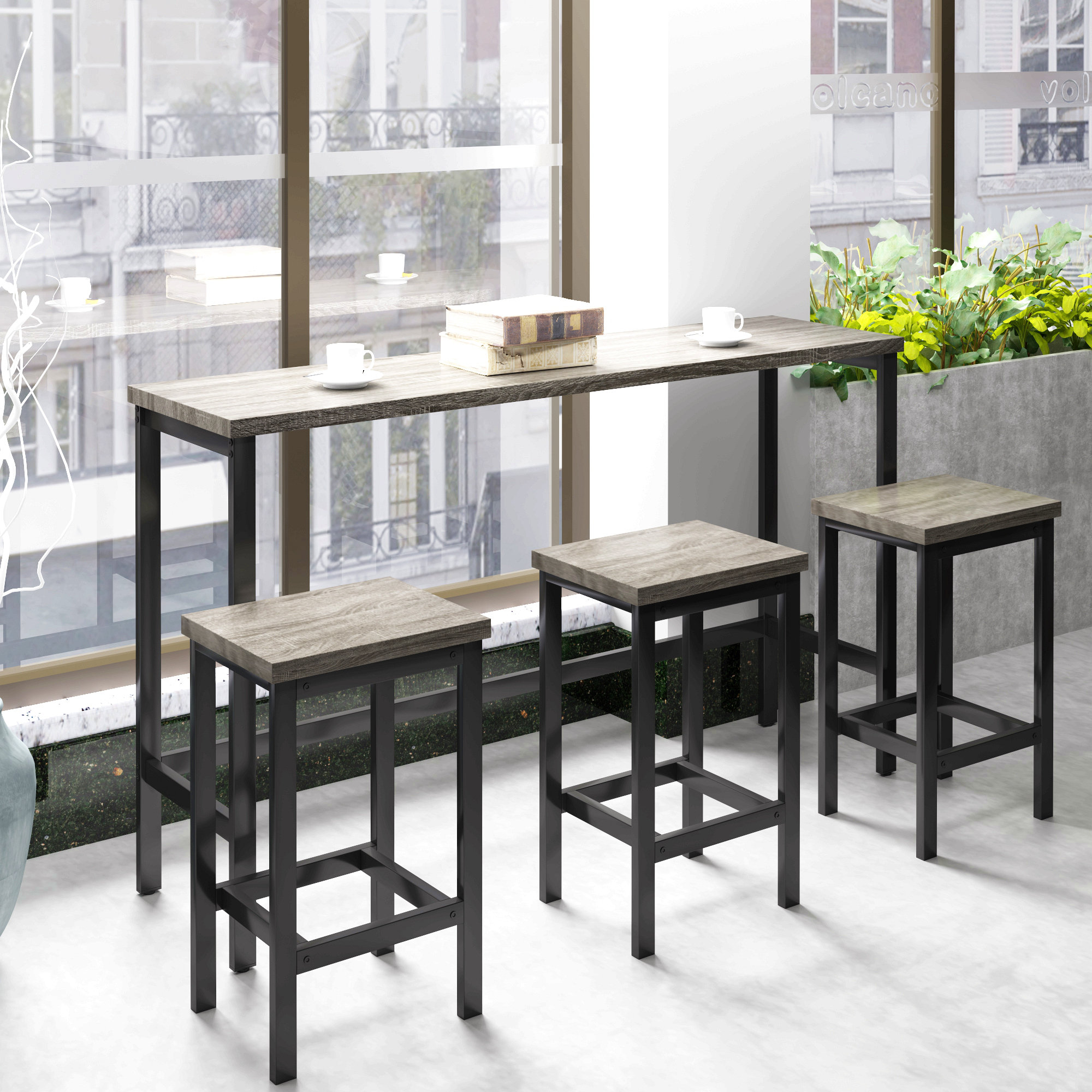 17 Stories Counter Height Extra Long Dining Table Set With 3 Stools Pub ...