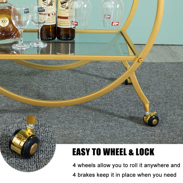 Everly Quinn Round Gold Bar Cart with 2 Mirrored Shelves, Wheels, and ...