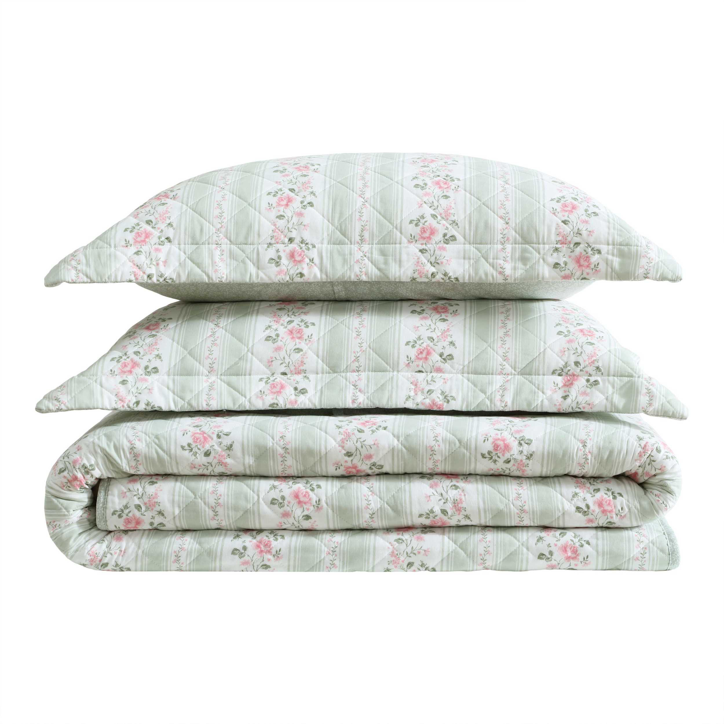 Laura Ashley Rosebud Stripe Green Cotton Reversible Quilt Set & Reviews ...