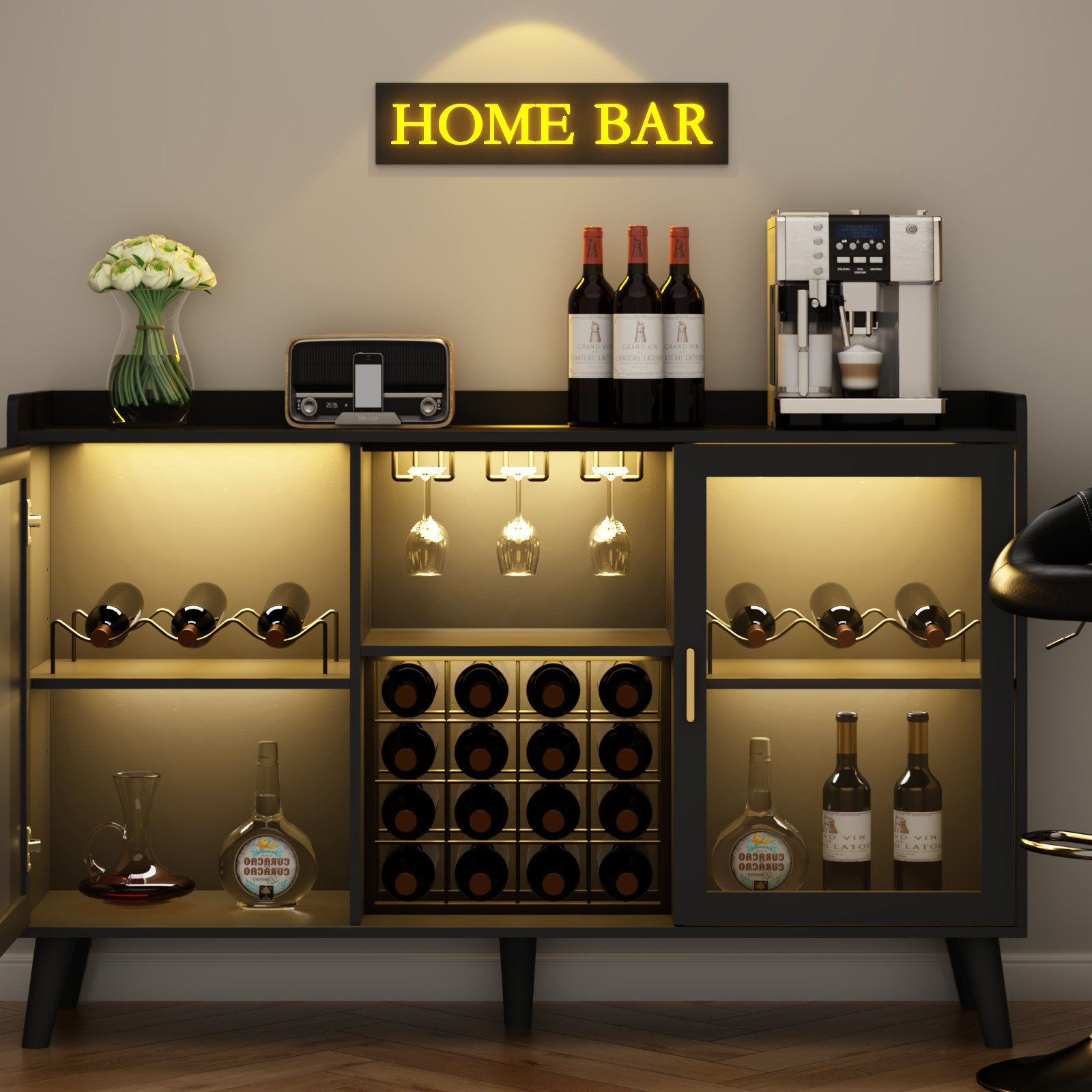 Wrought Studio Ermo Wine Bar Cabinet with Led Light, Home Coffee ...