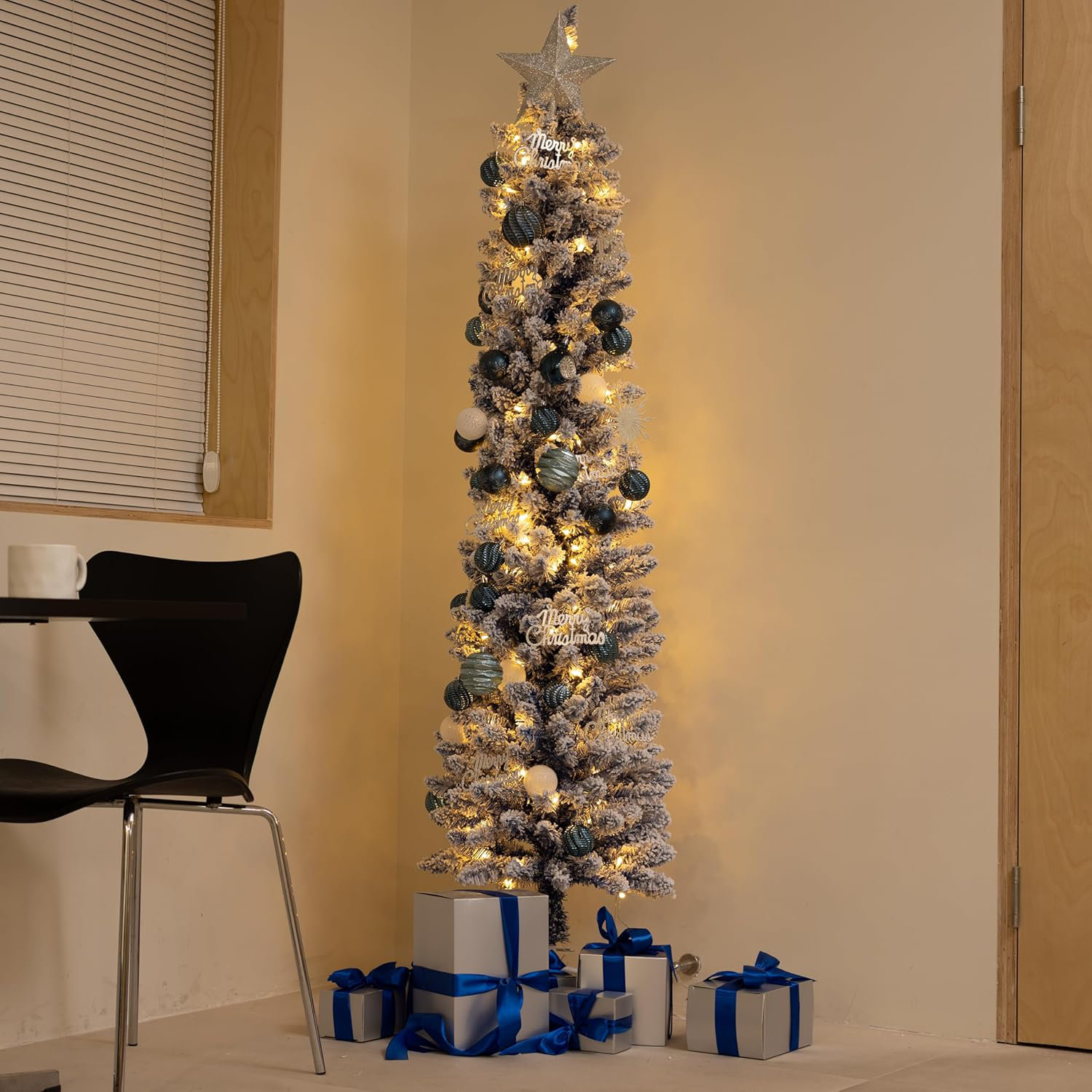 The Holiday Aisle® Blue Pre-Lit Christmas Tree, Auto Open Snow Flocked ...