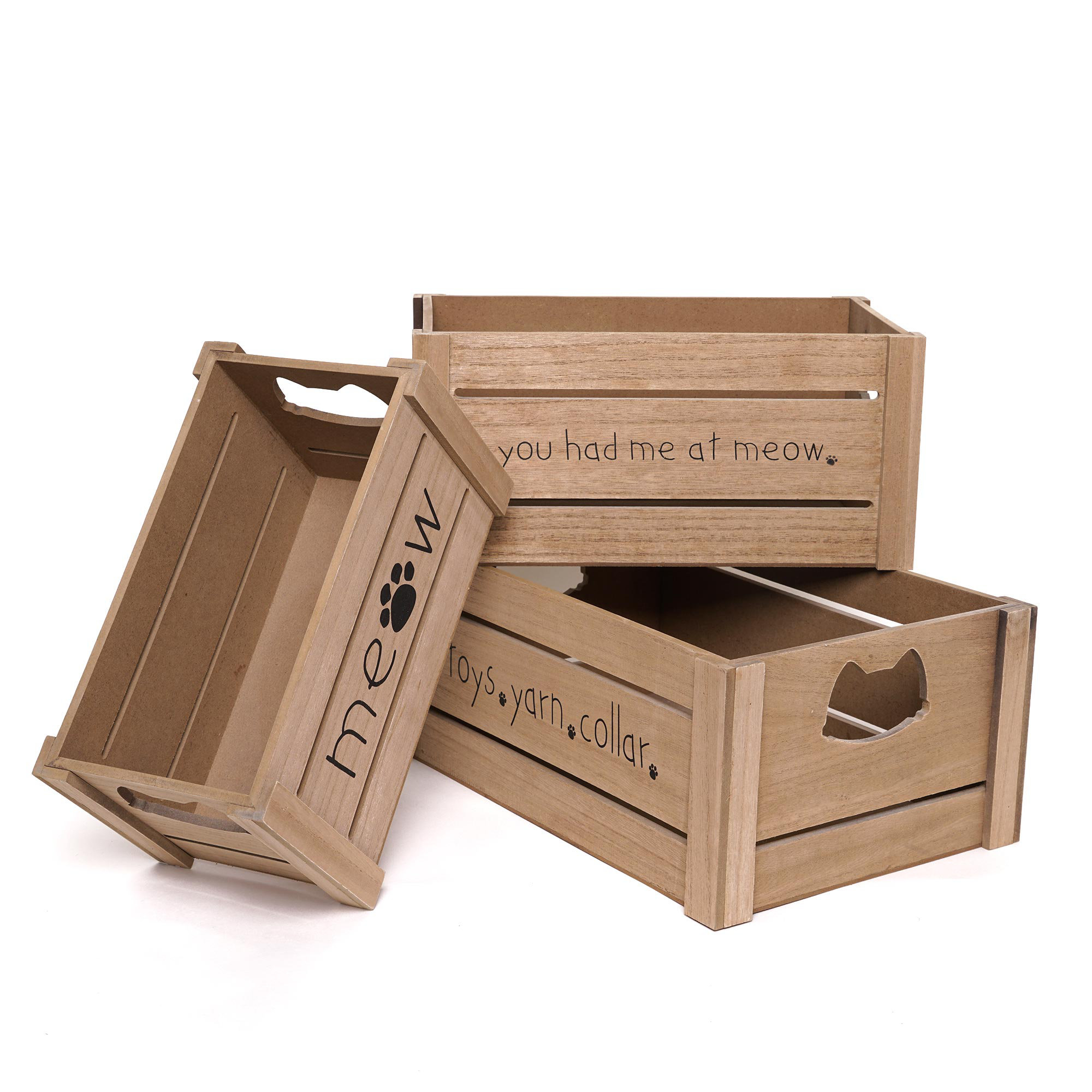 Gracie Oaks Addie Joy Meow Cat-Themed 3 Piece Solid Wood Crate Set ...