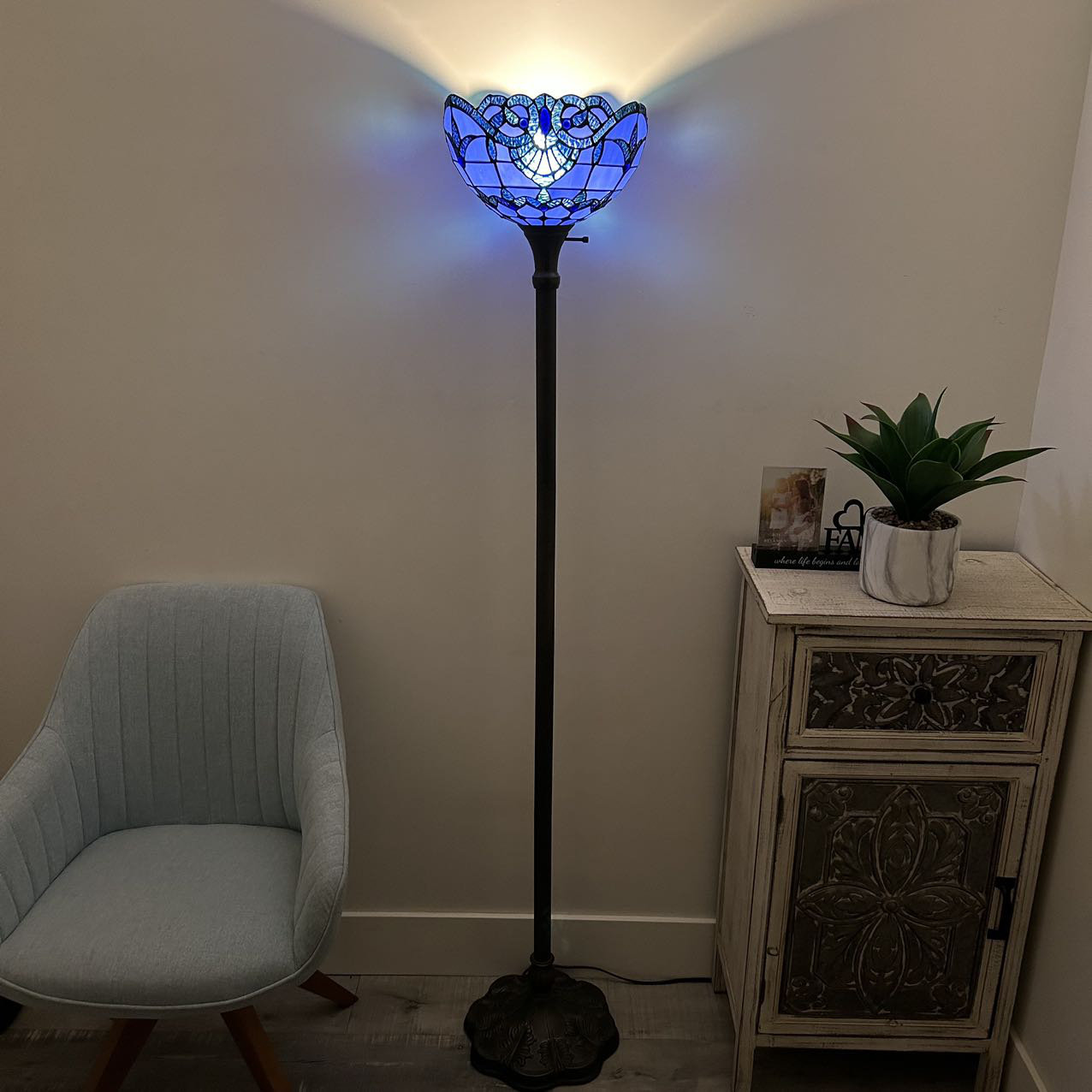 Fleur De Lis Living Gamino Tiffany Torch Floor Lamp Blue Stained Glass ...