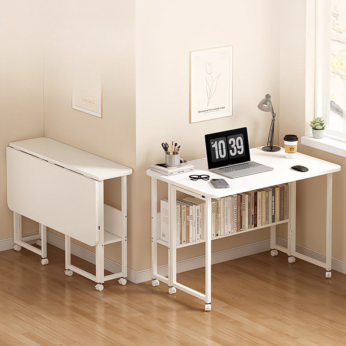 Ebern Designs Home Office Foldable Writing Desk with Wheels Mobile ...