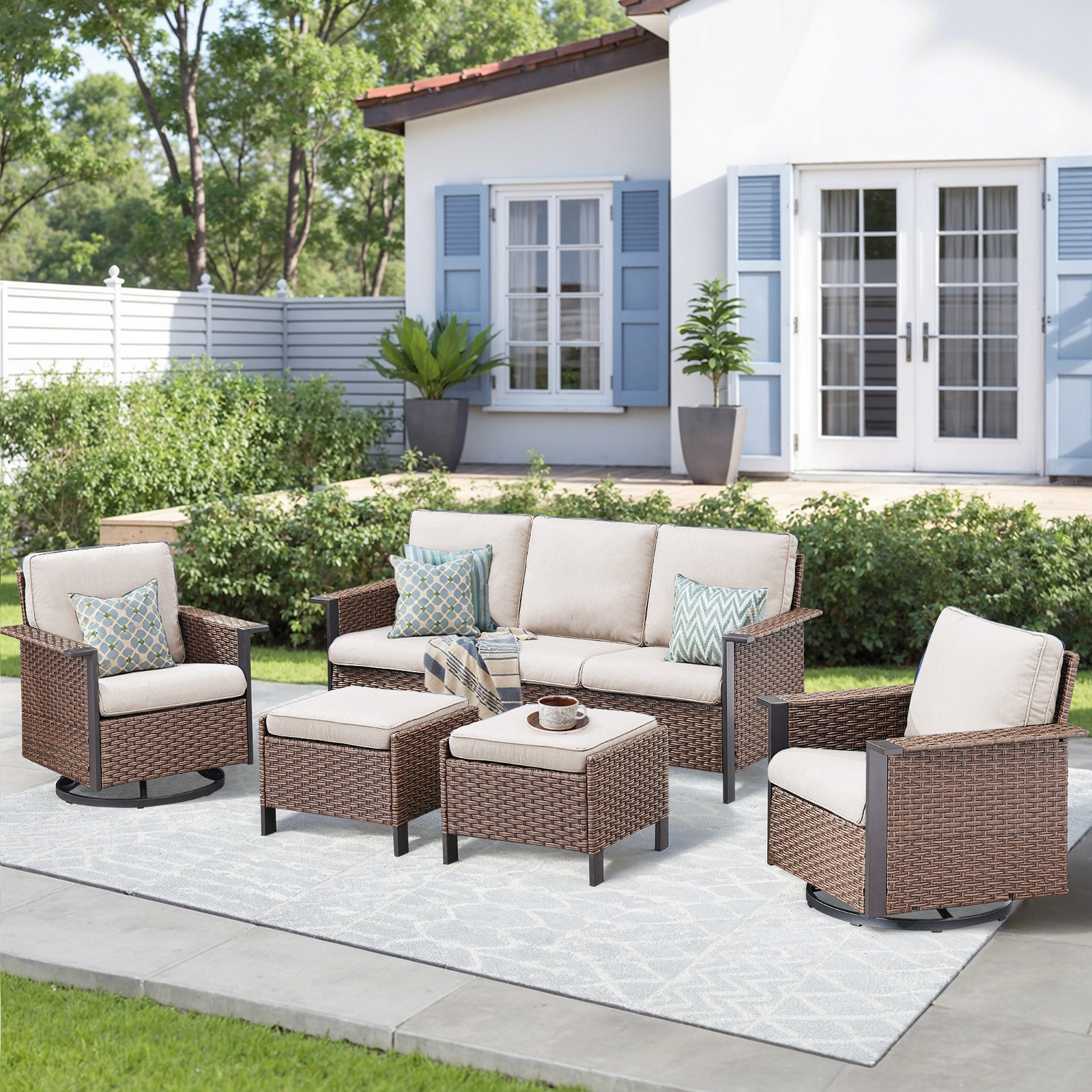 Latitude Run® 5 Piece Outdoor Patio Wicker Furniture Sets With Swivel ...