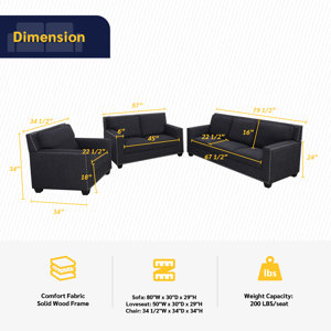 Ebern Designs Alaister 3 - Piece Living Room Set | Wayfair