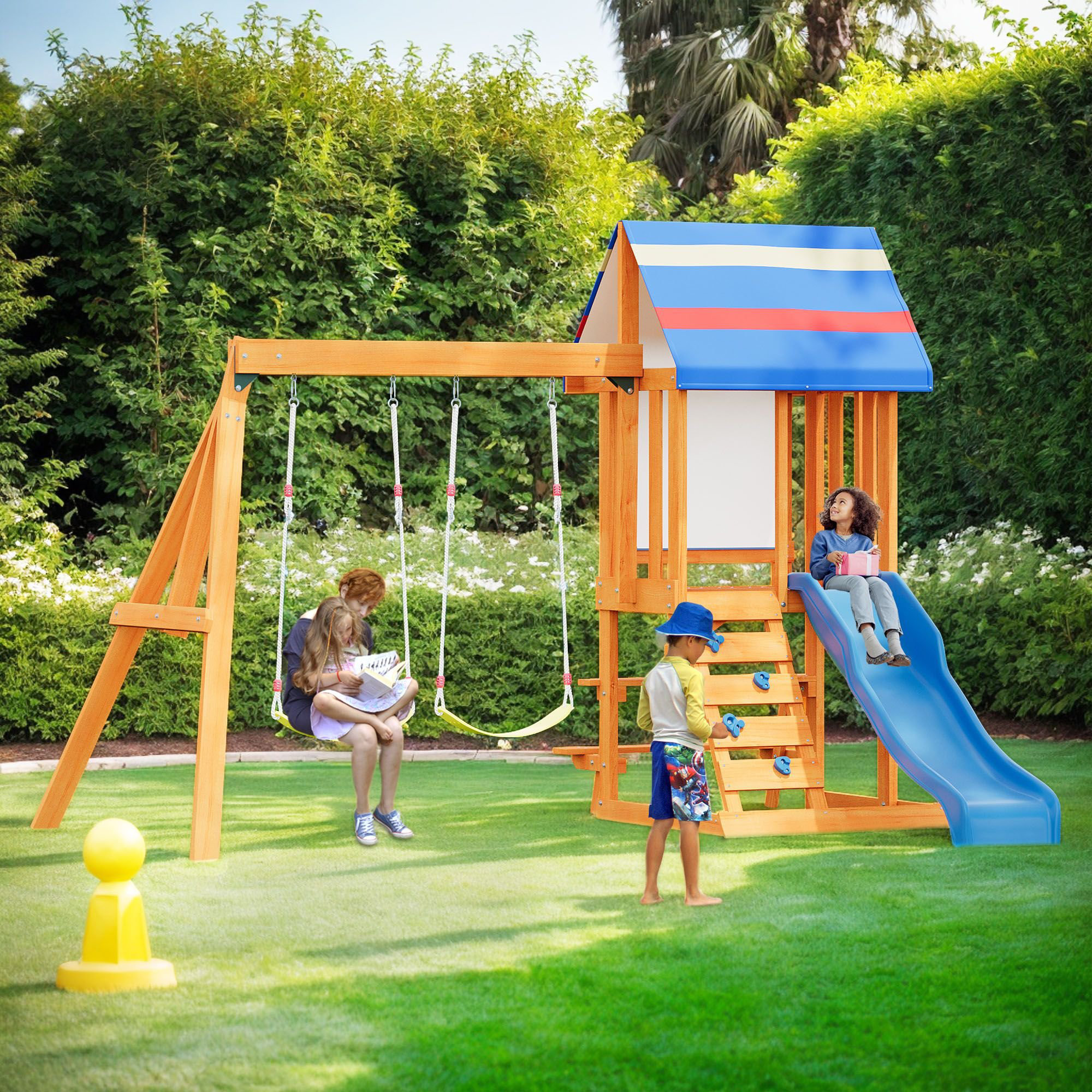 SPS INTERNATIONAL GROUP Wooden Outdoor Playset with Slide, Swings, Rock ...
