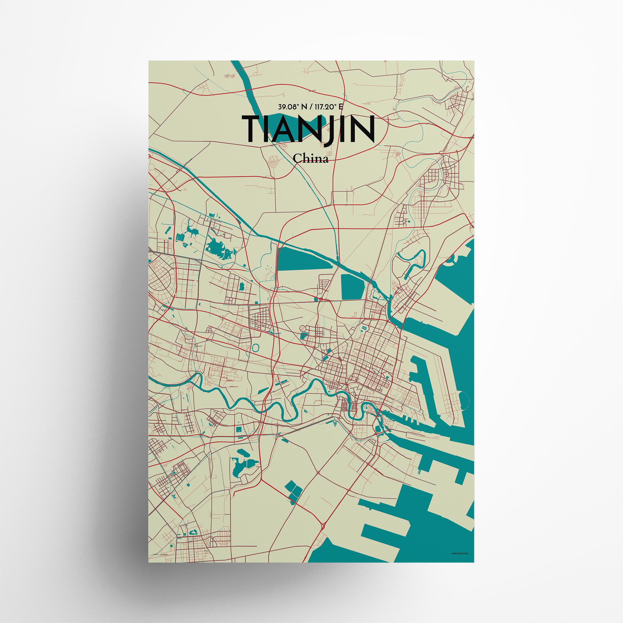 17 Stories Tianjin City Map Graphic Art In Tricolor | Wayfair
