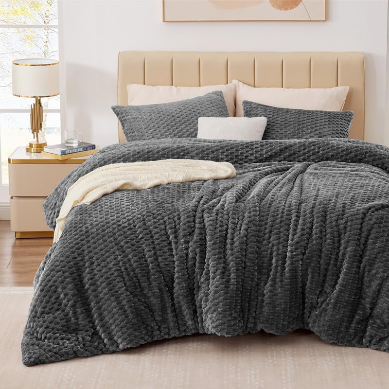 ENDOSTO Fluffy Queen Comforter Set - Luxury Faux Fur Brushed Plaid ...