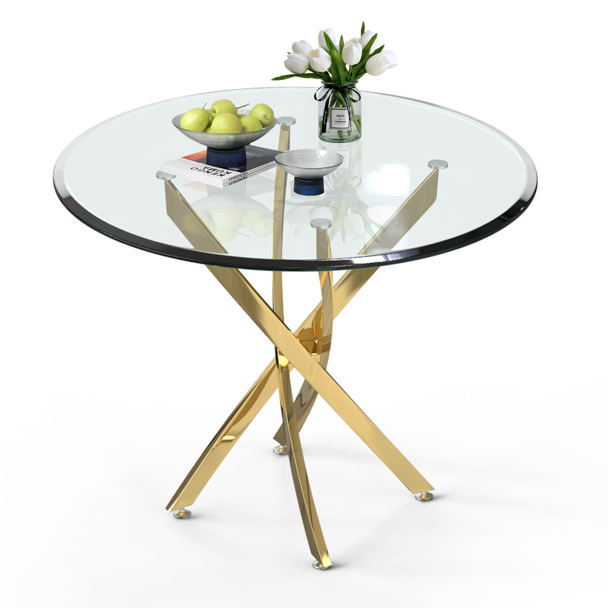 Mercer41 Lakeicha Round 36'' Glass Top Metal Base Dining Table ...